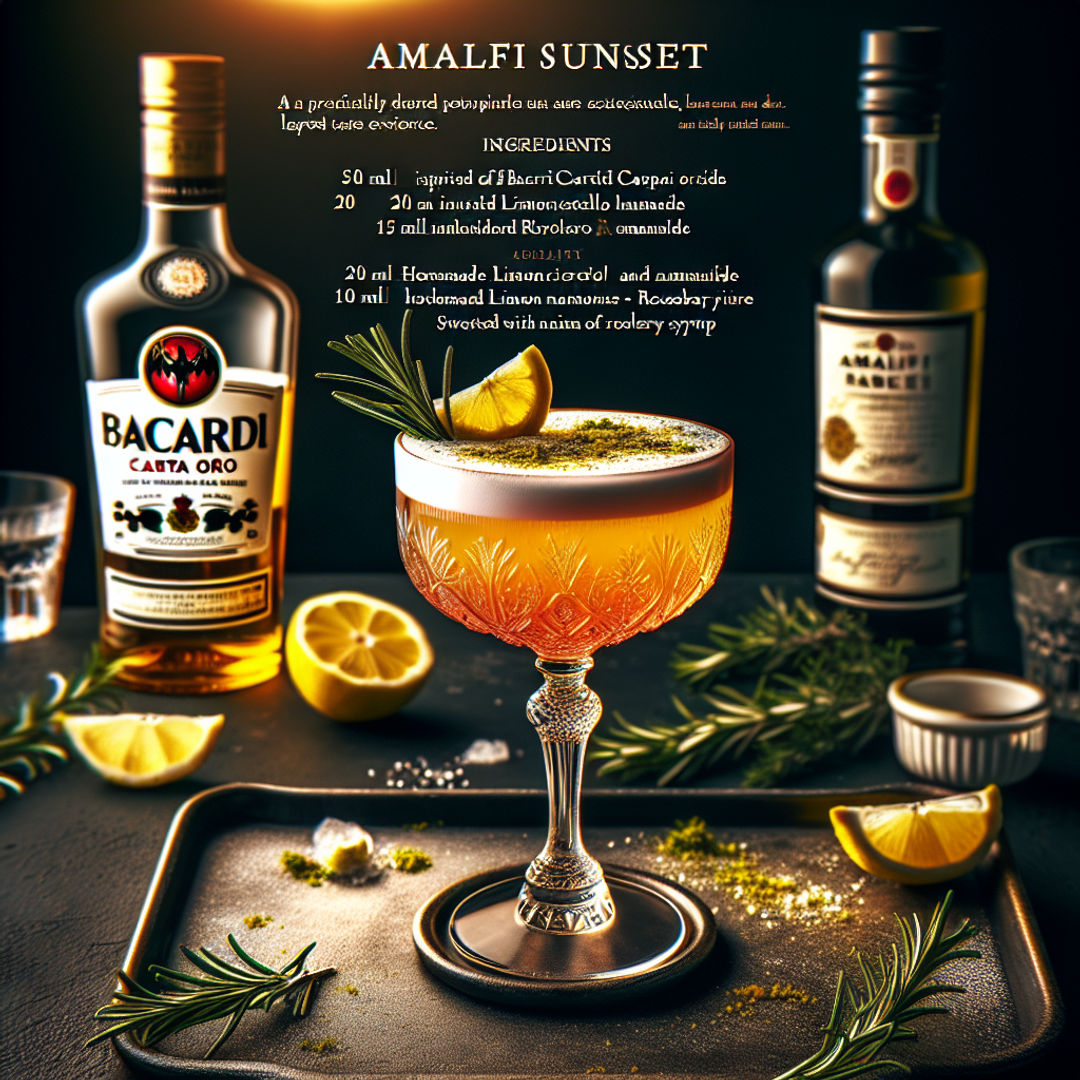 Amalfi Sunset, Cocktail with Bacardi, Campari, and homemade infusions
