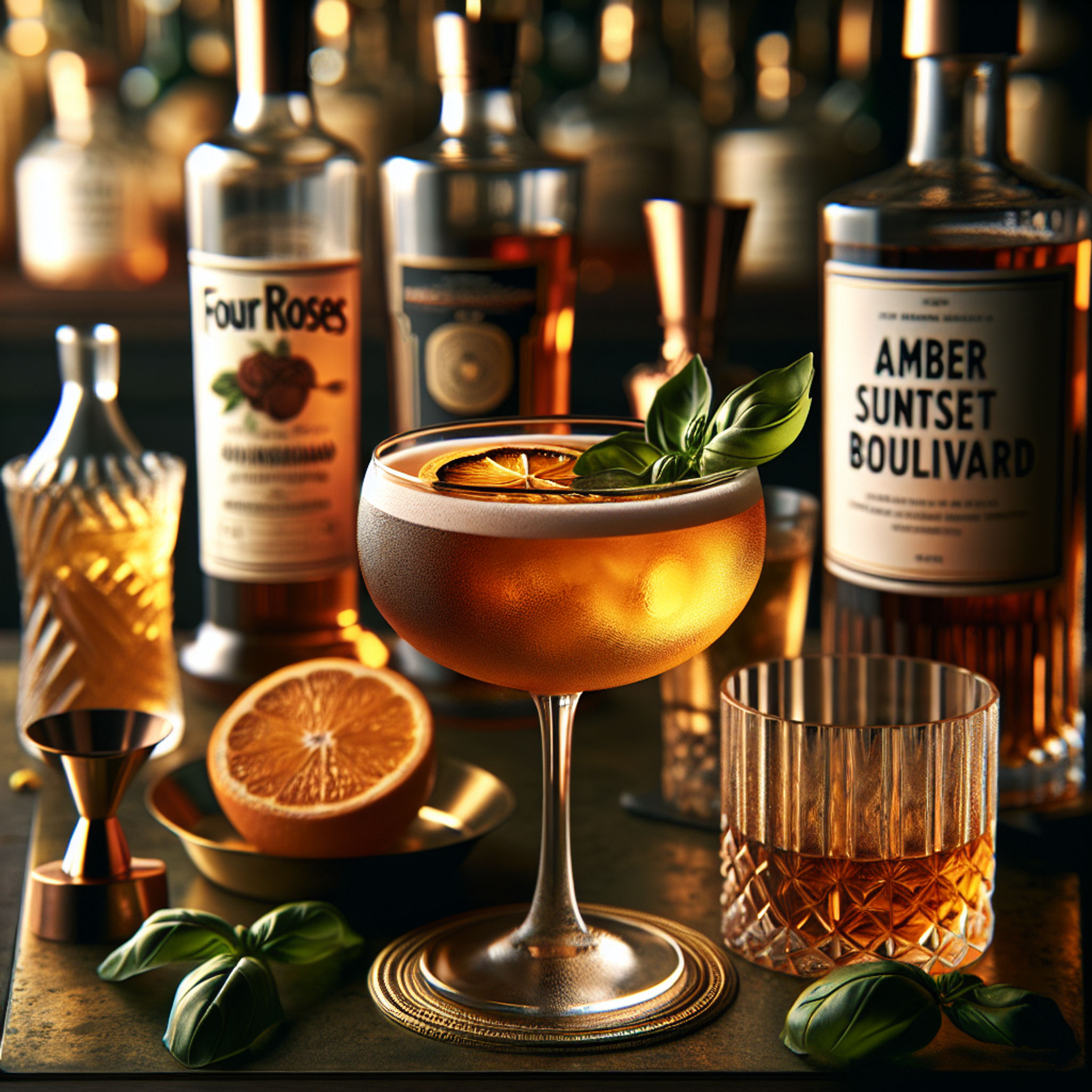 Amber Sunset Boulevard, Sophisticated cocktail capturing the warm glow of a Californian sunset