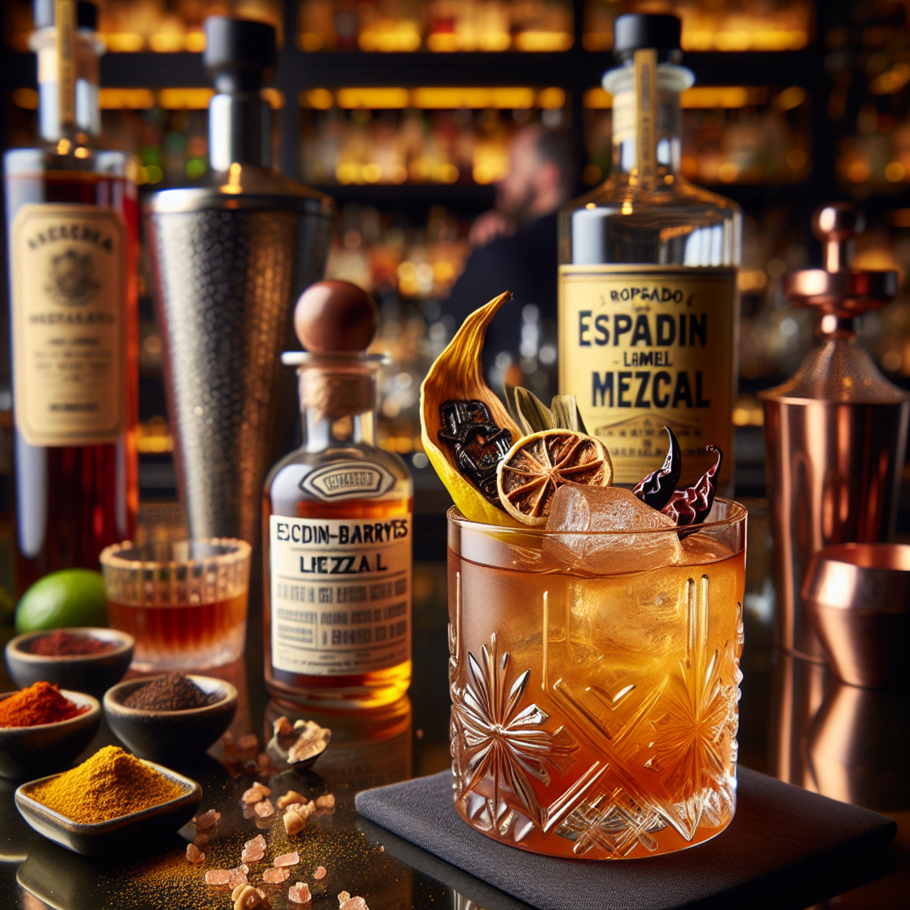 Aztec Gold, Smoky, earthy, and sweet cocktail with complex flavor profile