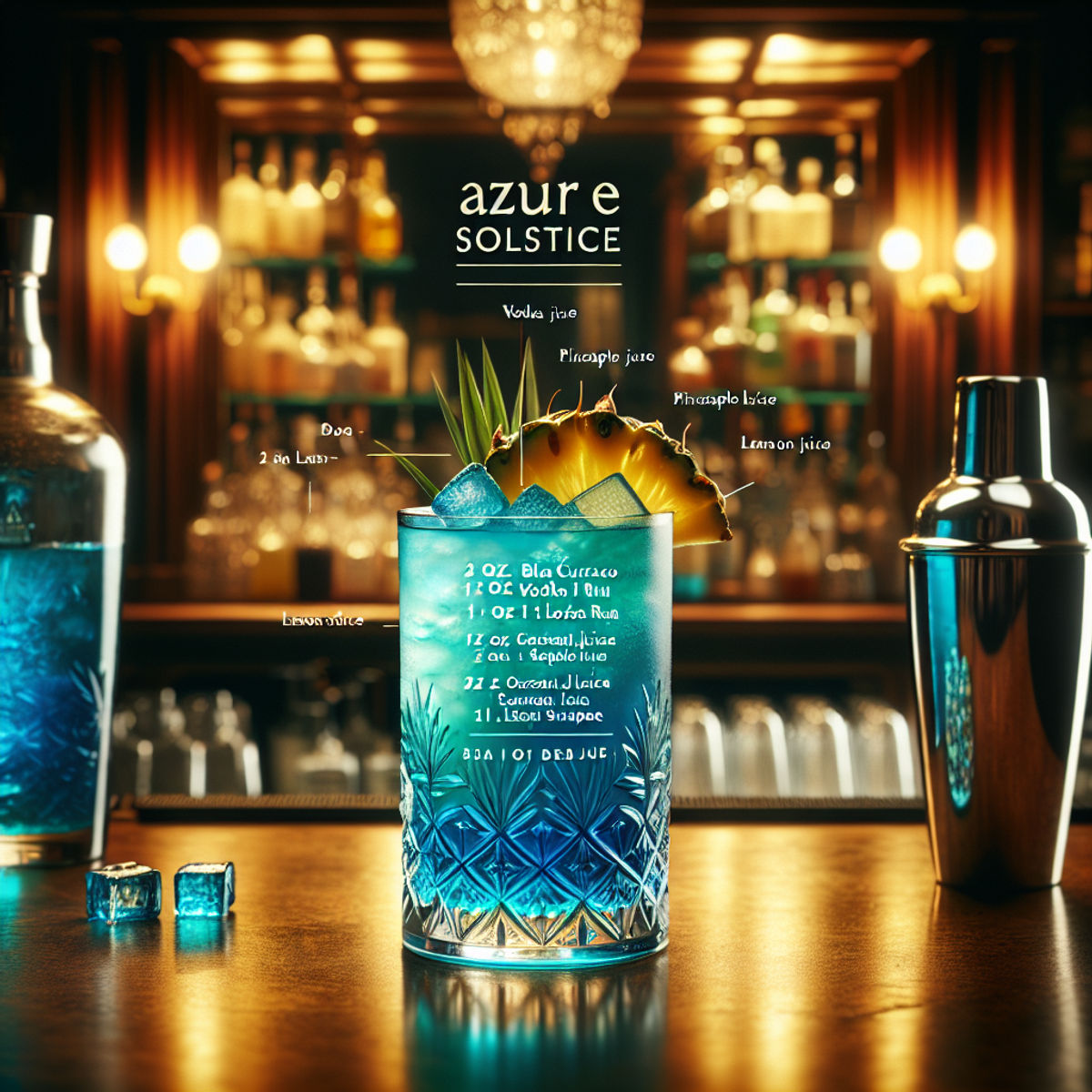 Azure Solstice, Refreshing ocean-blue cocktail with fruity sweetness ...