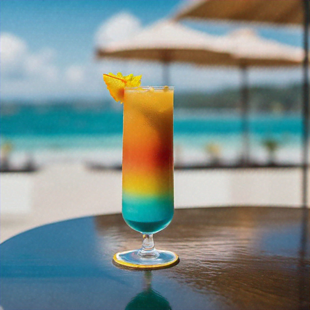 Bebida Tropical Bliss, Vibrant tropical cocktail in a glass