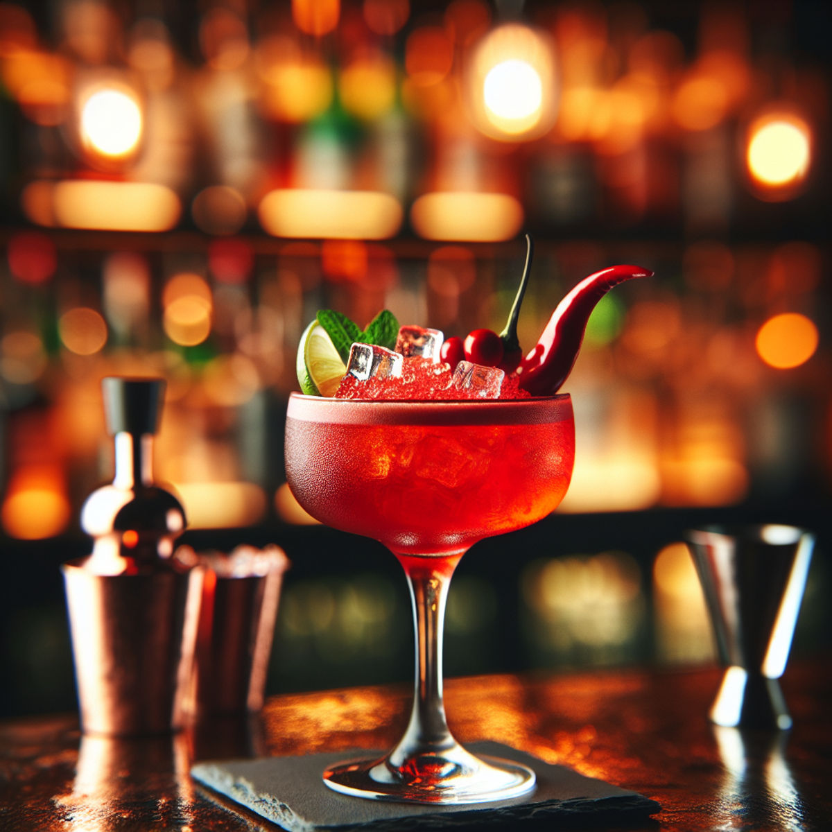 Blazing Scarlet Serenade, Bold, spicy cocktail with vibrant red hues