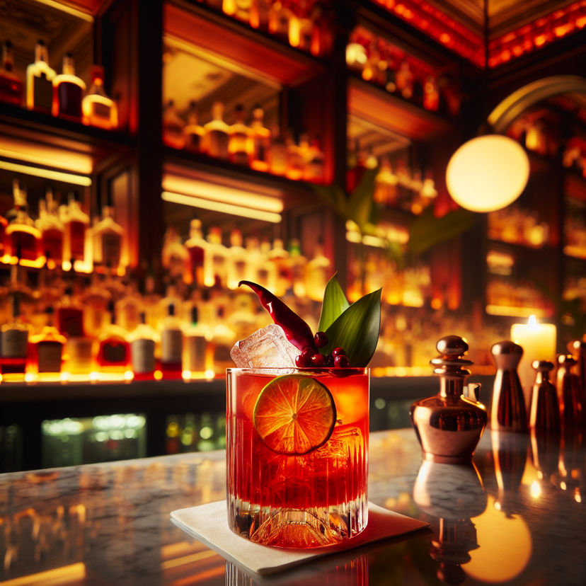 Blazing Scarlet, Vibrant, fiery cocktail with chili, citrus, and bourbon