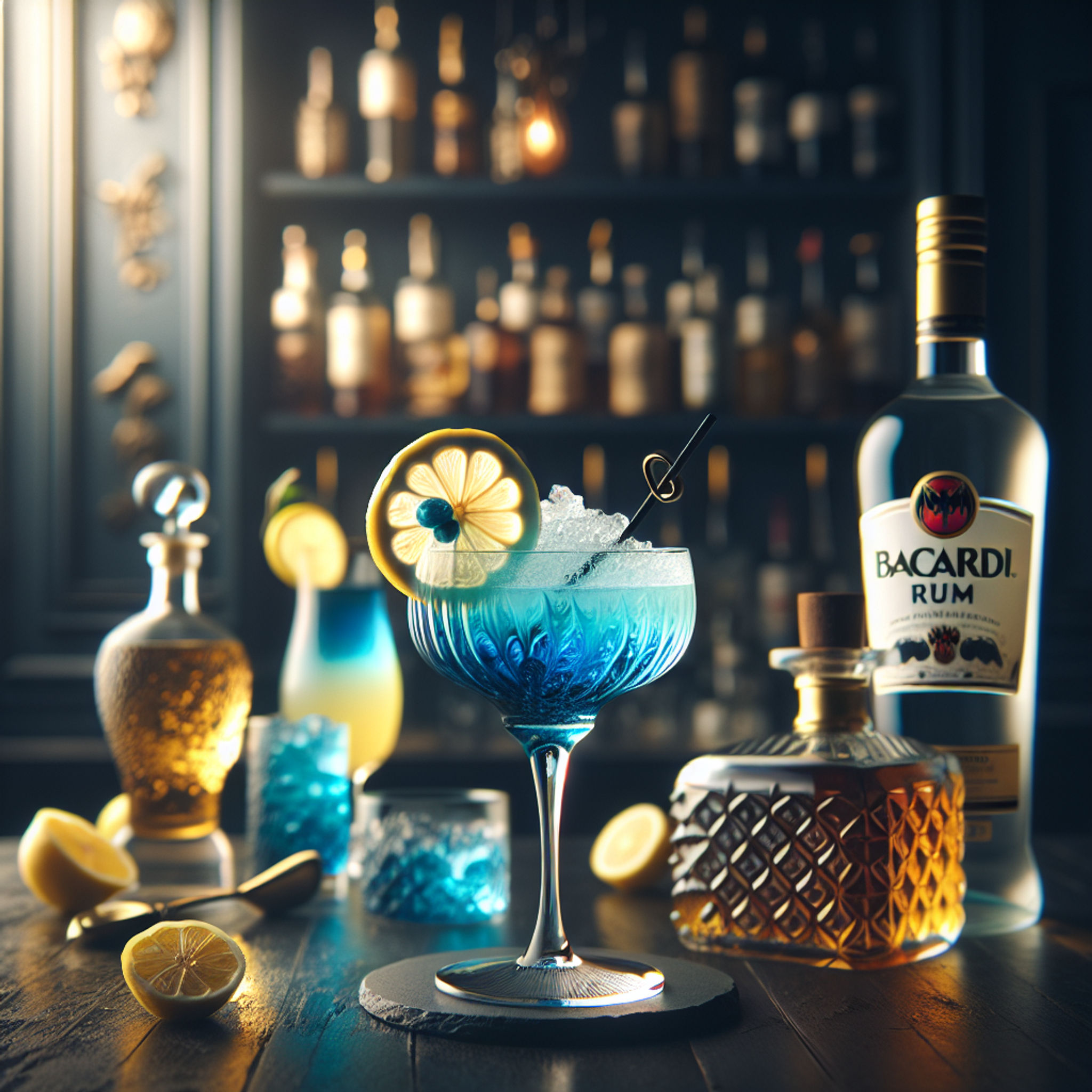 Blue Honey Elixir, Exotic cocktail with Bacardi rum, blue algae, lemon ...