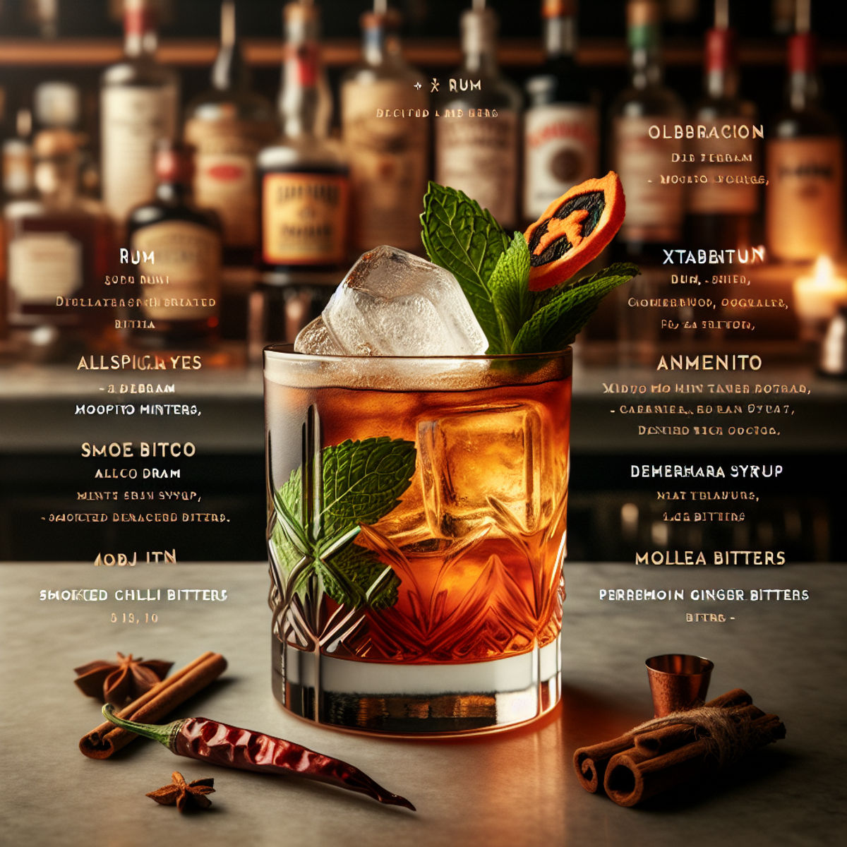 Caribbean Elixir, Sophisticated twist on classic rum cocktail with Caribbean essence