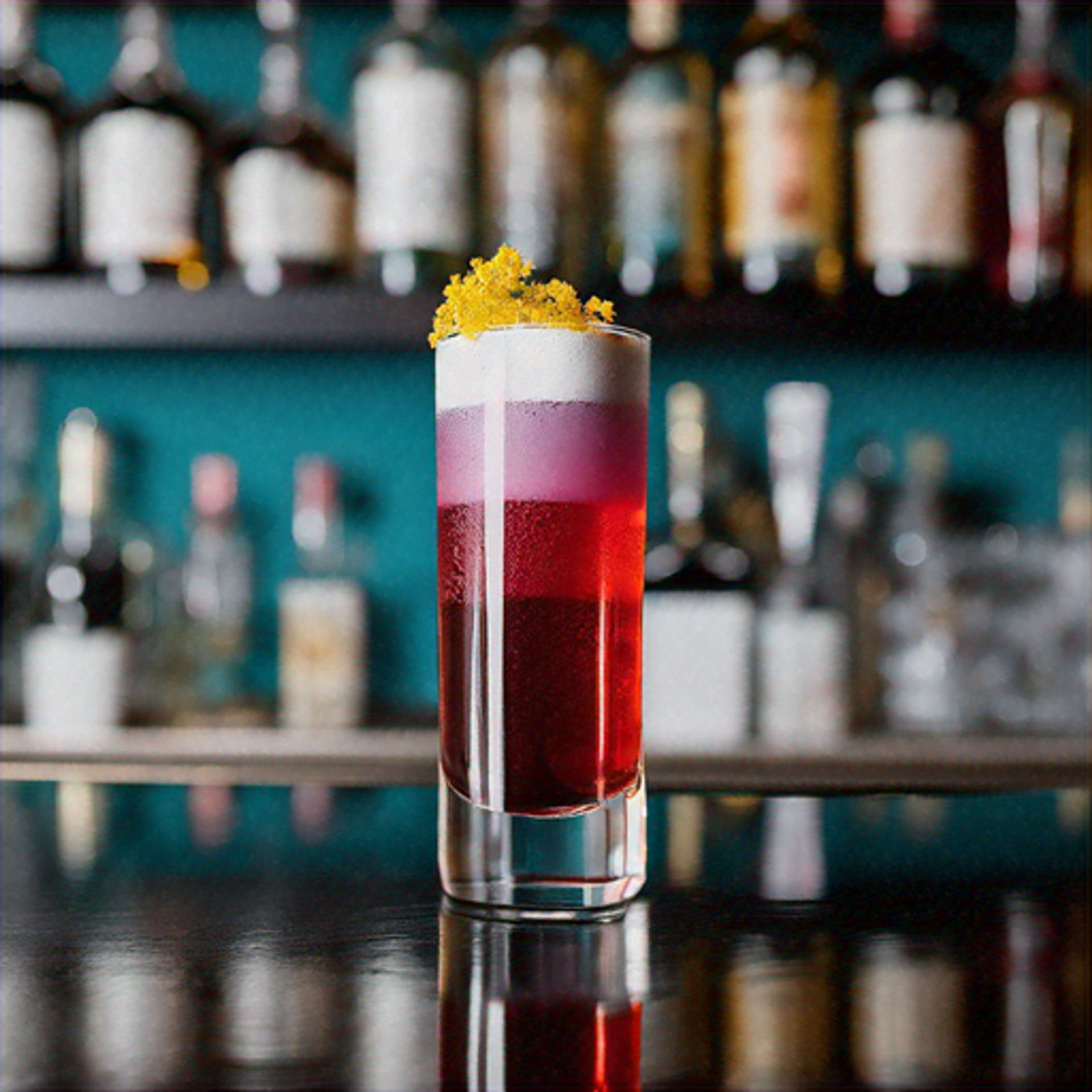 Celestial Bloom, Visually stunning gin cocktail with hibiscus caviar