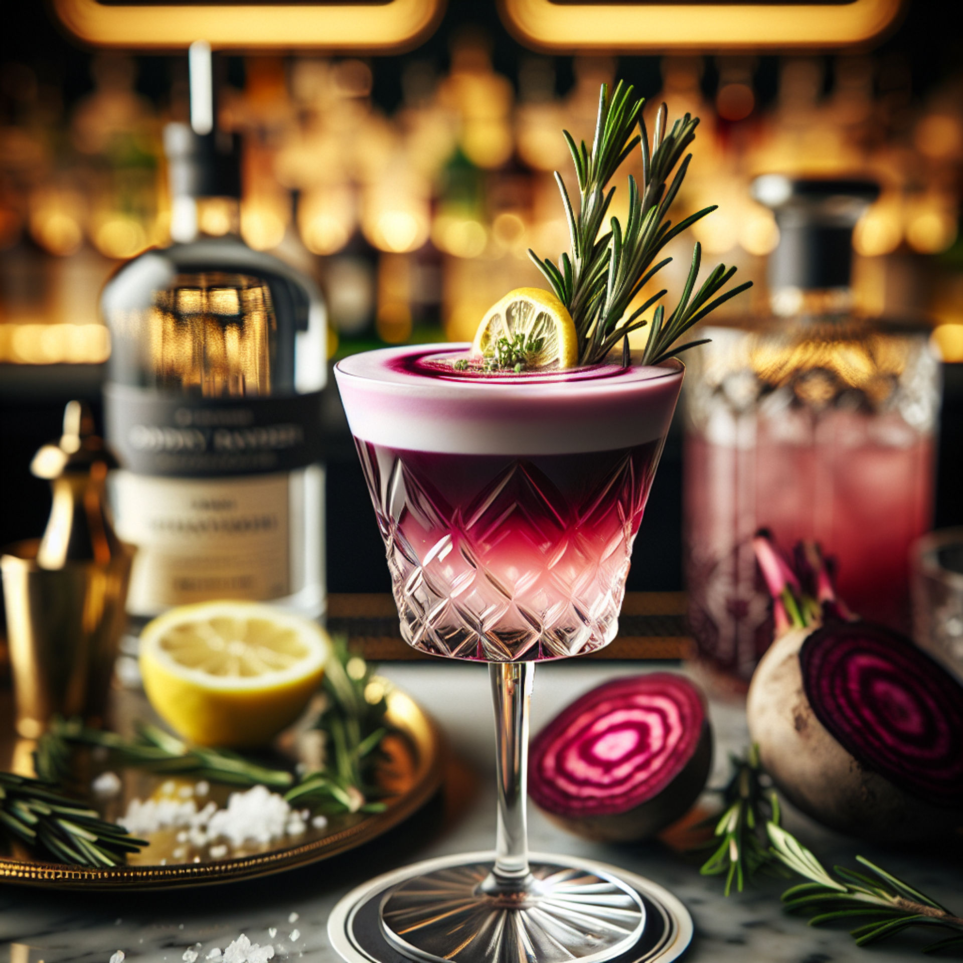 Celestial Garden, Layered savory cocktail with beetroot, rosemary, and ...
