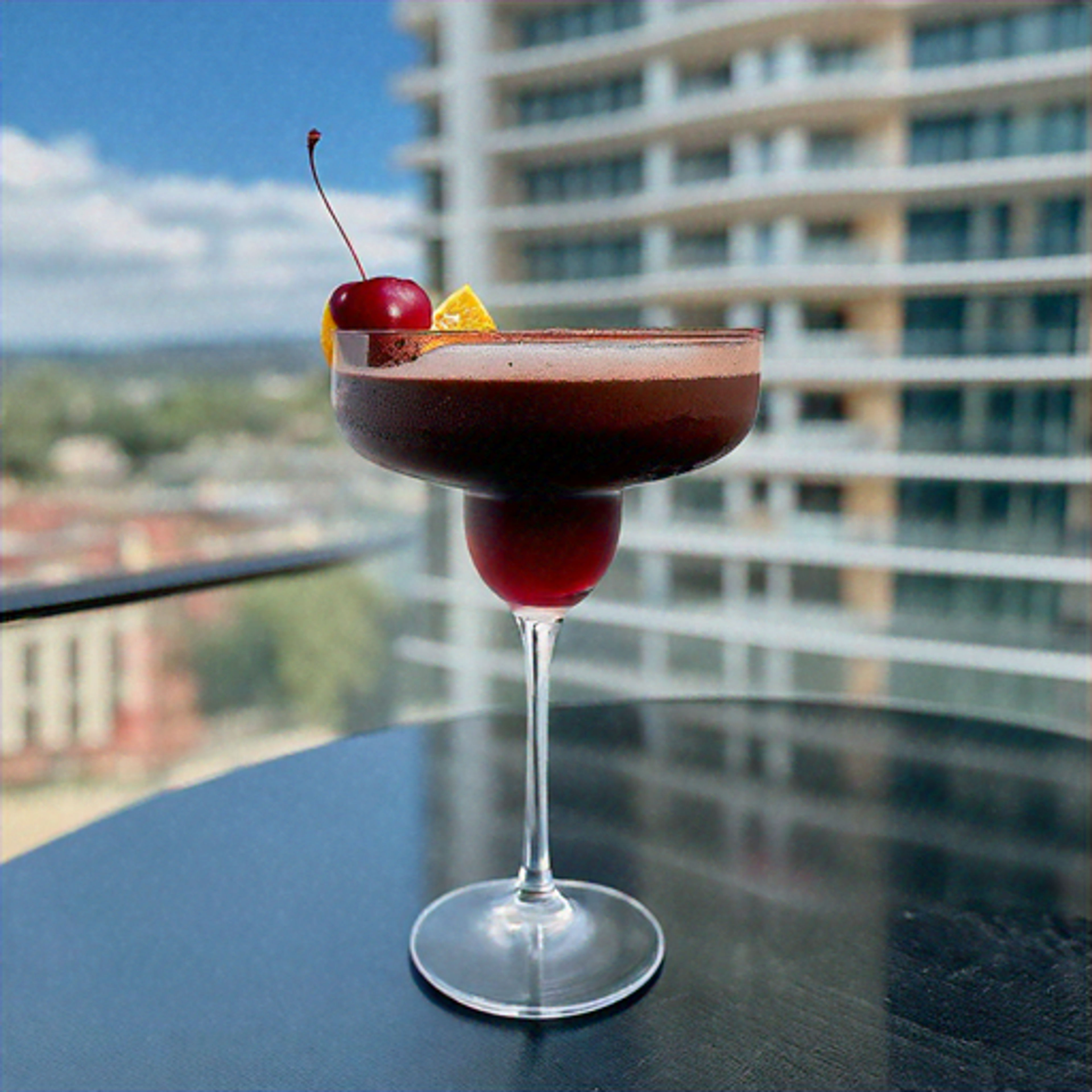 Cherry Velvet Night, Rich dark chocolate cherry cocktail with citrus notes