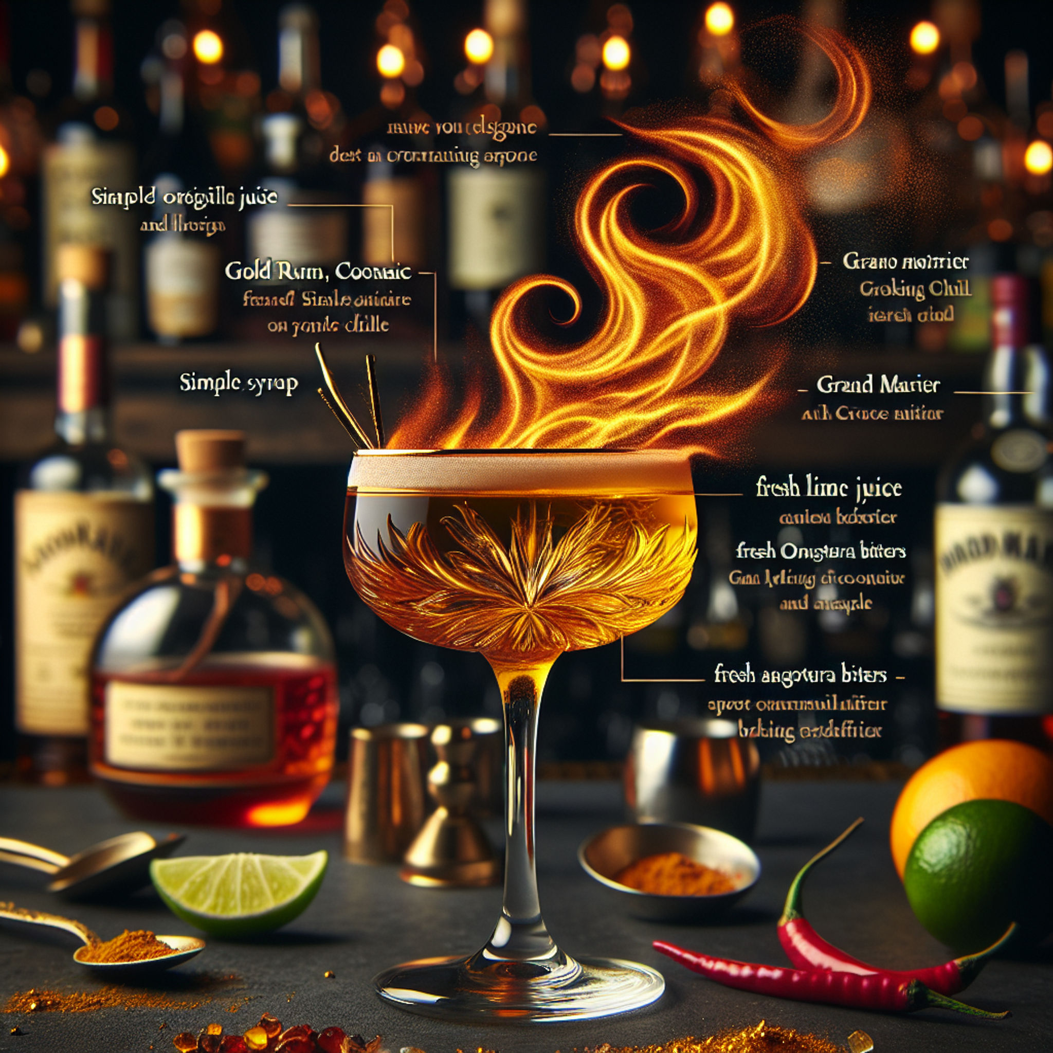 COCKTAIL FLAMME OLYMPIQUE, Fiery, radiant cocktail with heat, zest, and ...