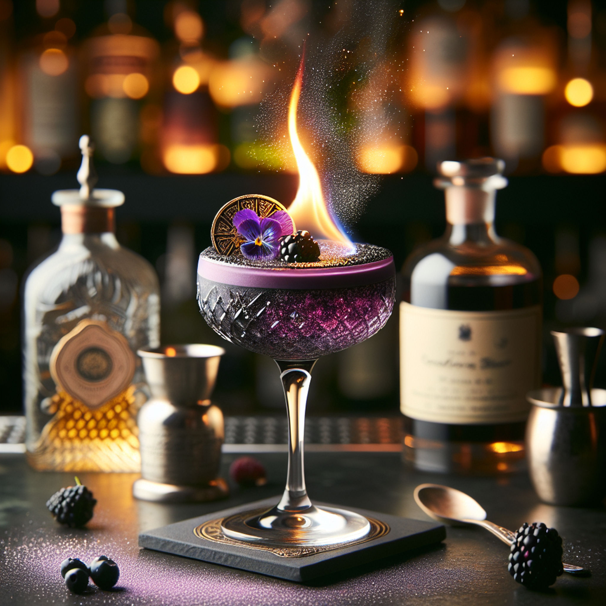 Cosmic Flame Elixir, Enchanting cosmic flame elixir with vibrant, starry appearance