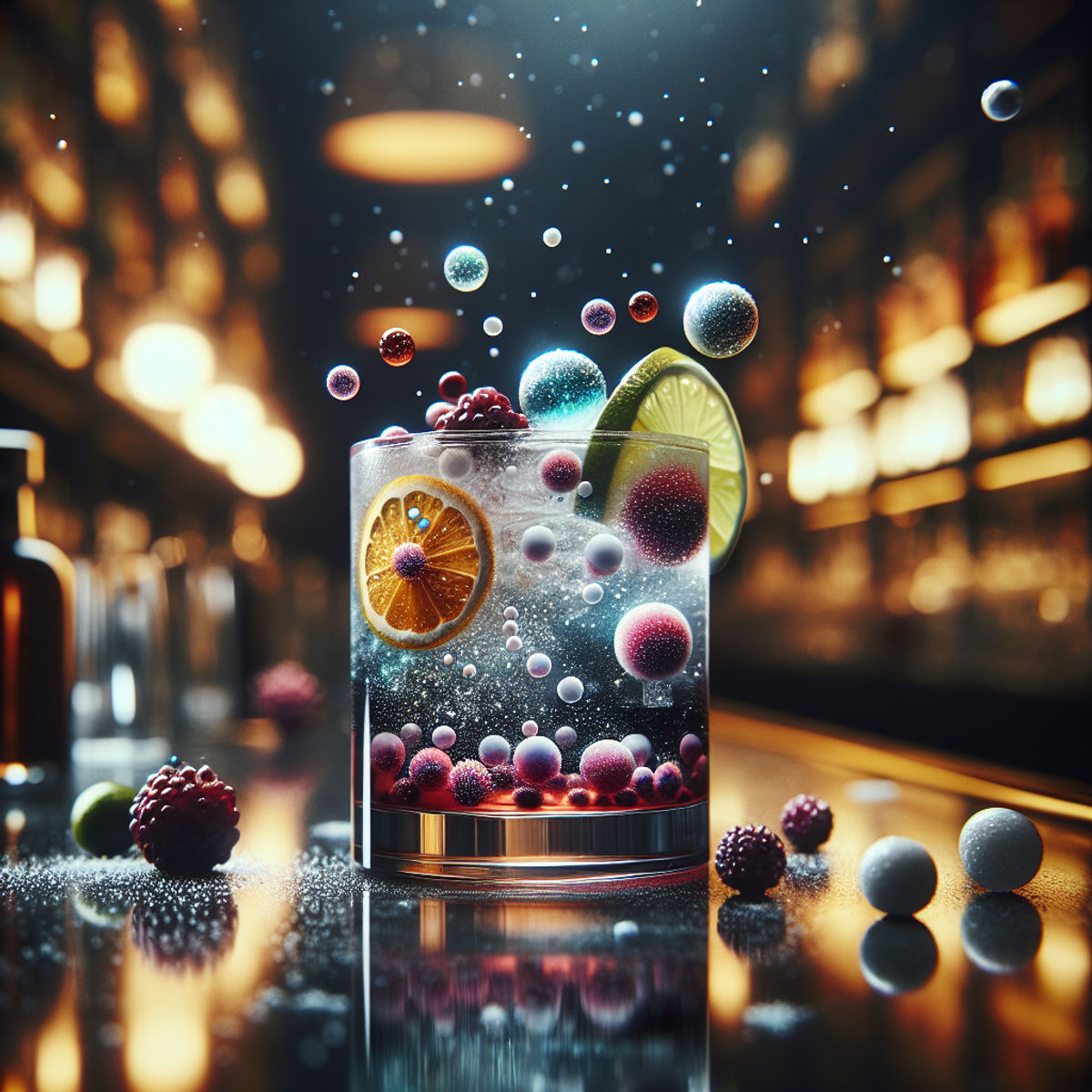 Cosmic Pisco Sphere, Cosmic Pisco Sphere cocktail with Agar Agar marbles