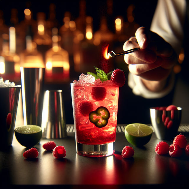 Crimson Blaze Fizz, Fiery red cocktail with fruit and spice flavors
