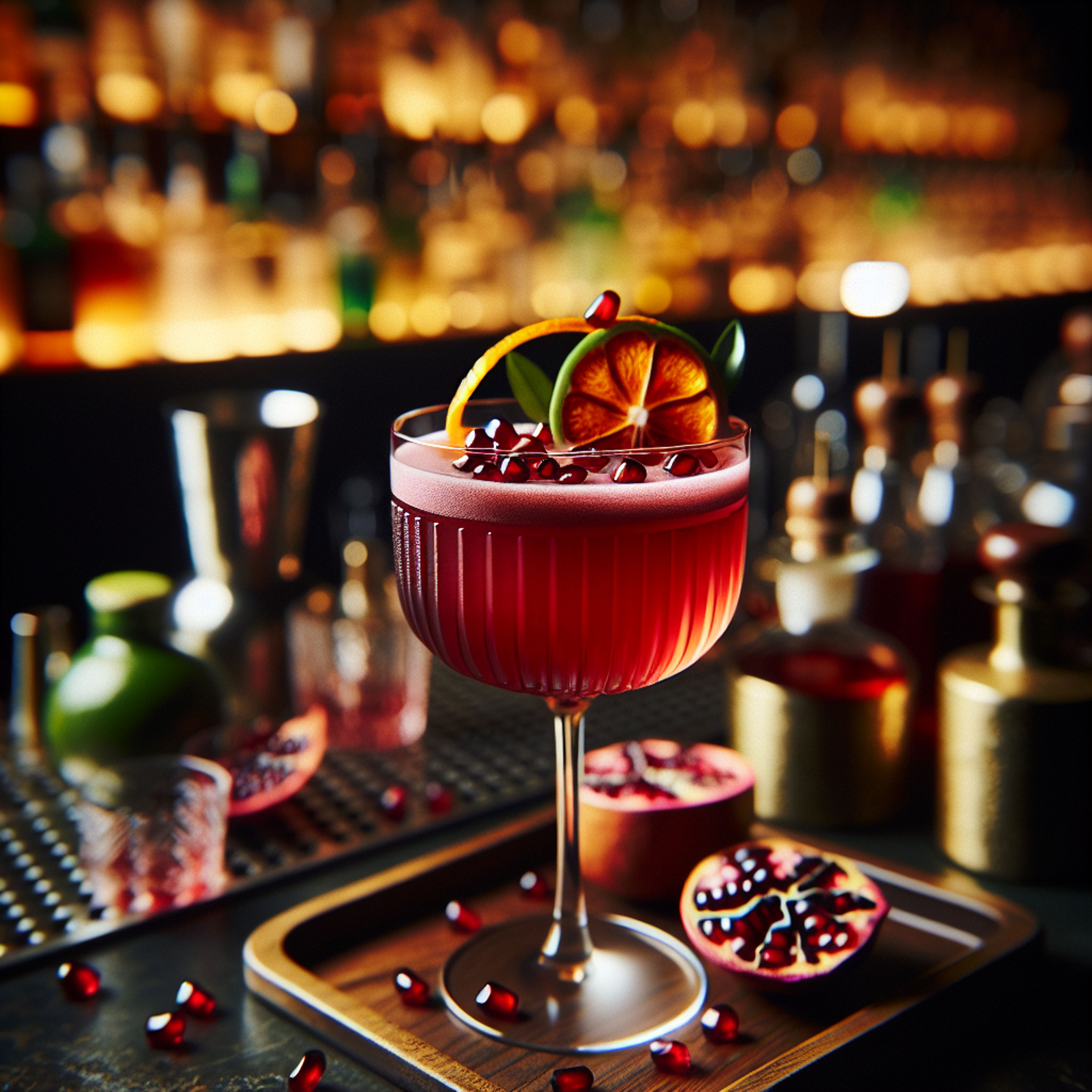 Crimson Oasis, Luxurious cocktail with gin, pomegranate, and orange ...