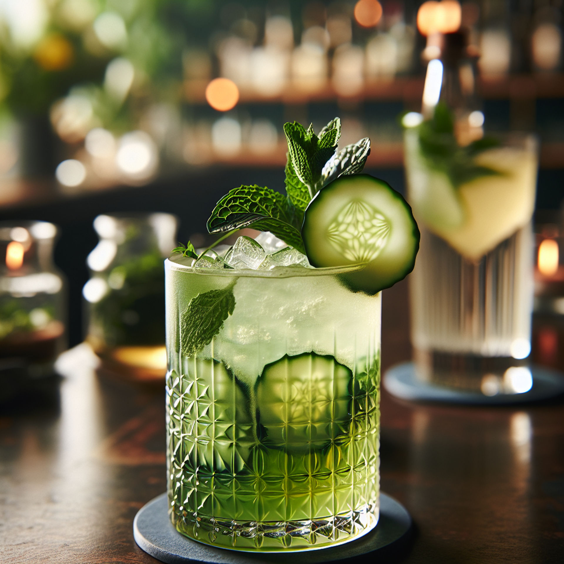 Cucumber Zen Breeze, Refreshing cucumber cocktail with elderflower, lime, and mint