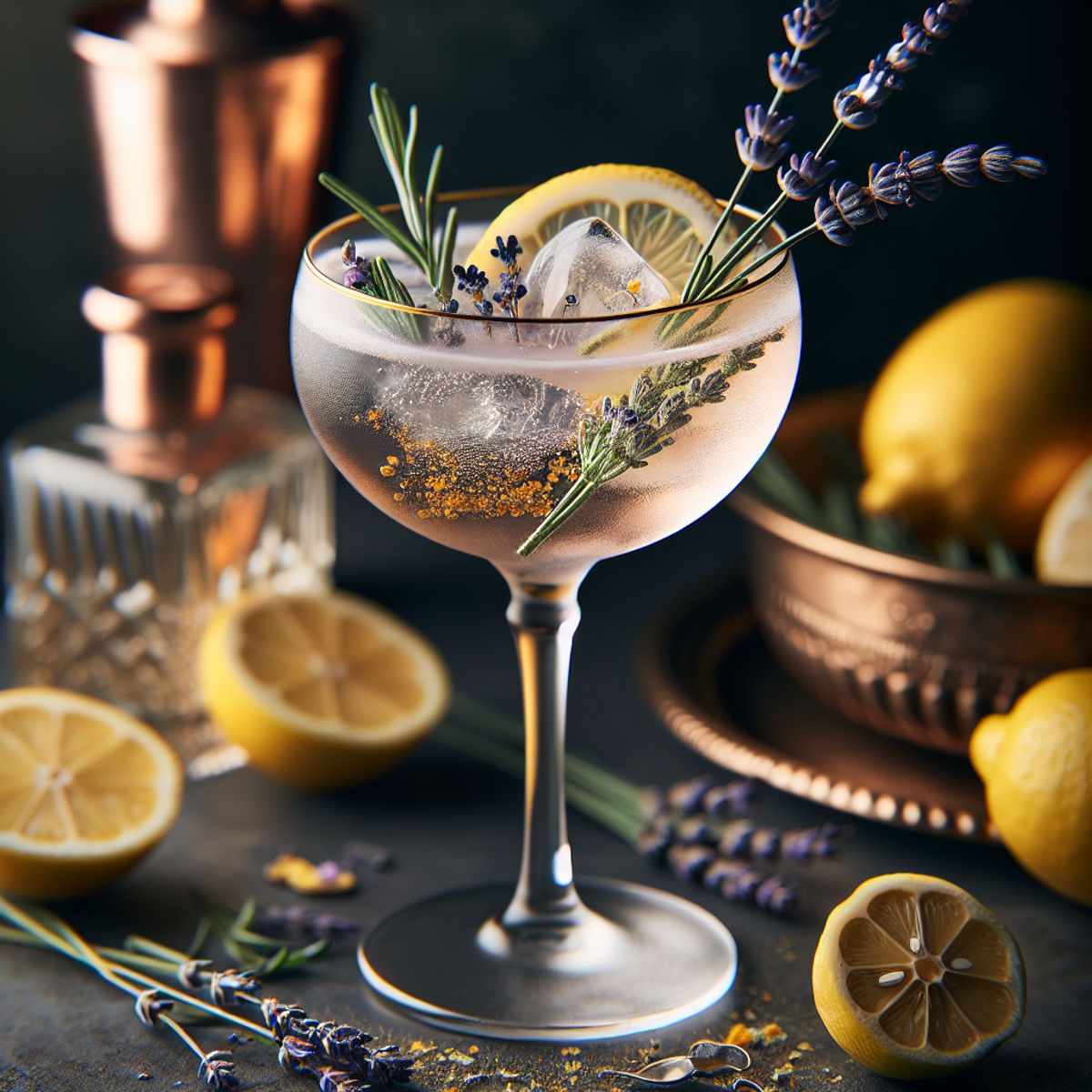 Elegance Unleashed, Sophisticated gin cocktail with lemon and floral notes
