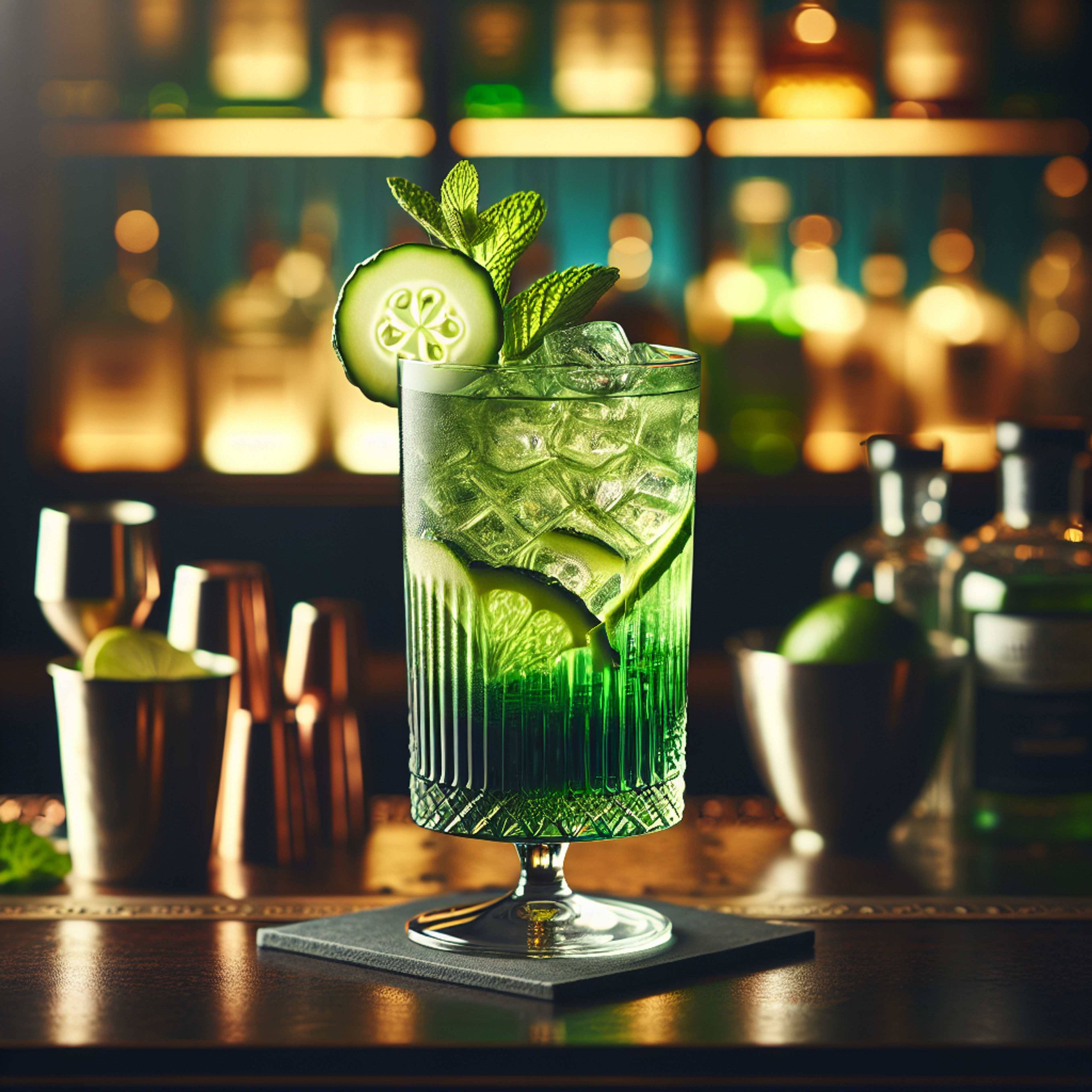 Emerald Fusion, Captivating cocktail with absinthe, gin, and botanicals