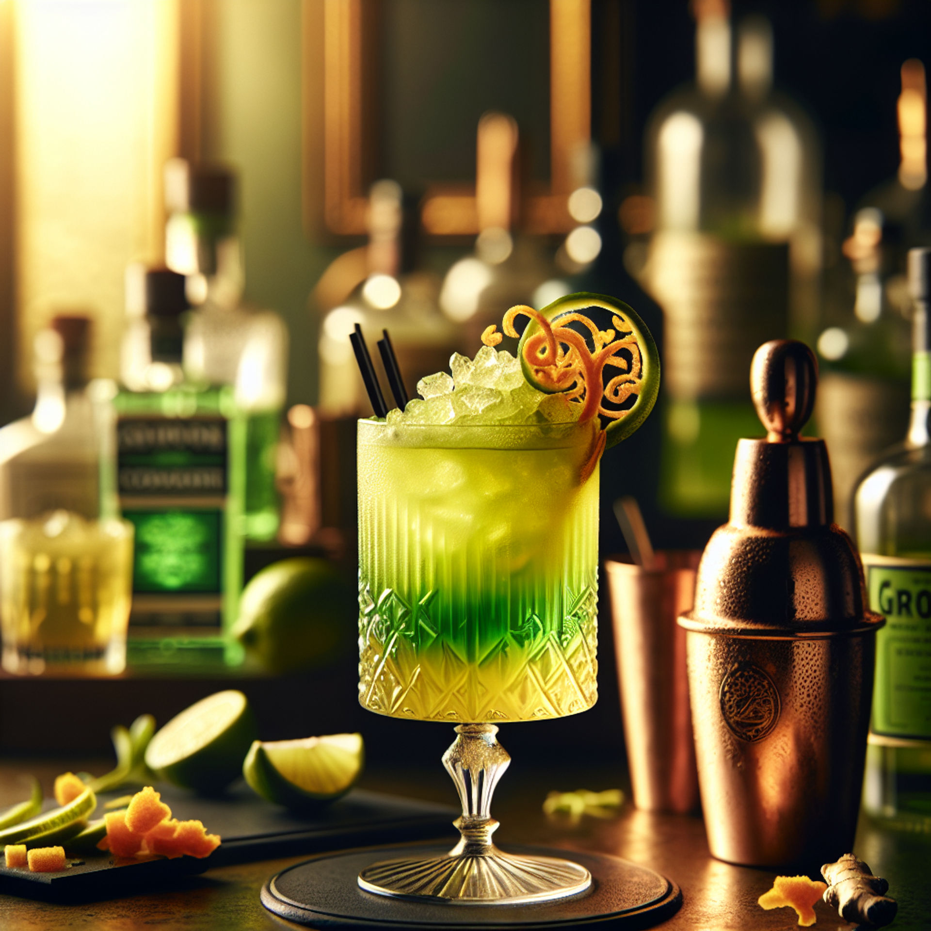 Emerald Zest Twist, Vibrant, exotic cocktail with gin, lime, ginger ...