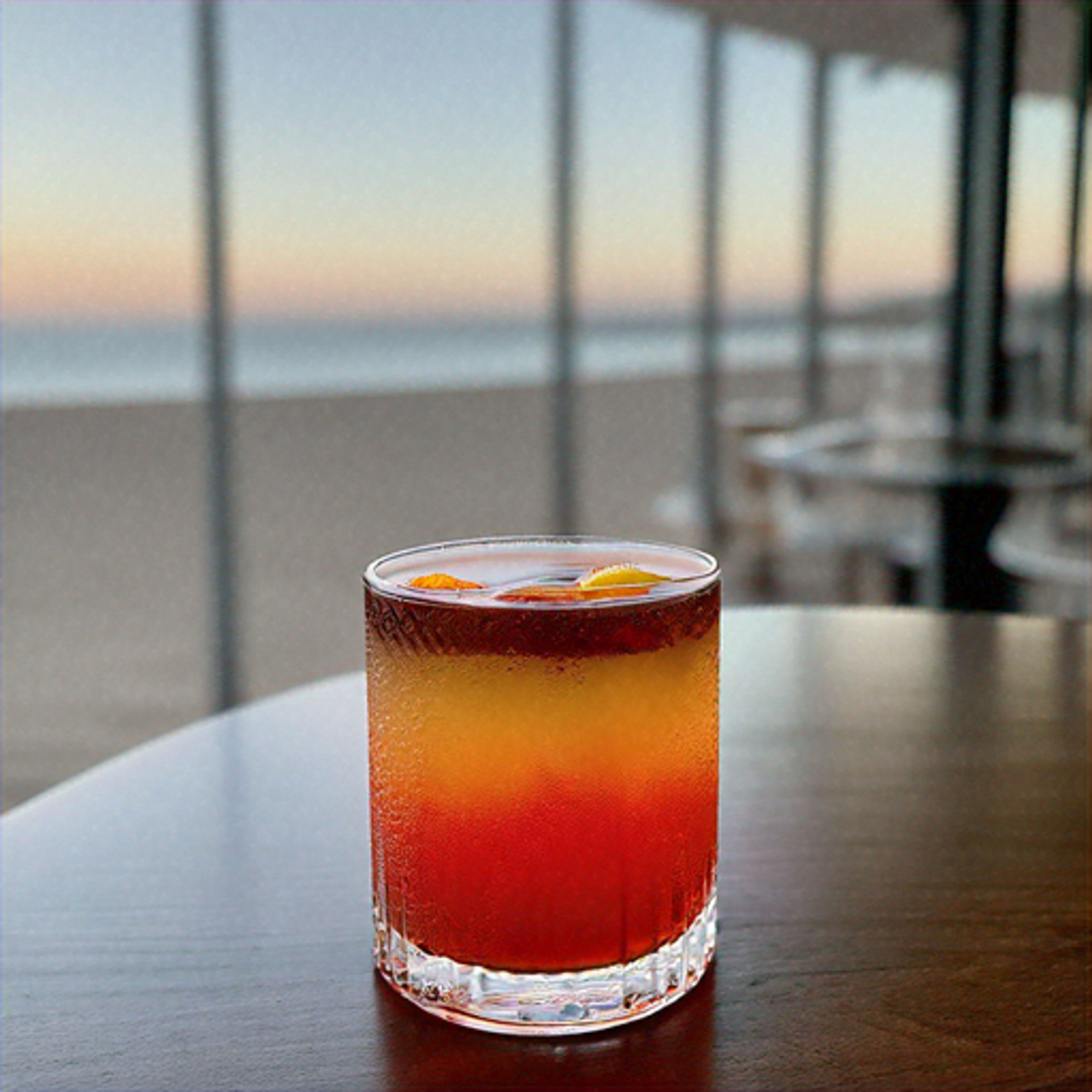 Ethereal Sunset, Botanical gin, bittersweet Amaro, vibrant Aperol cocktail