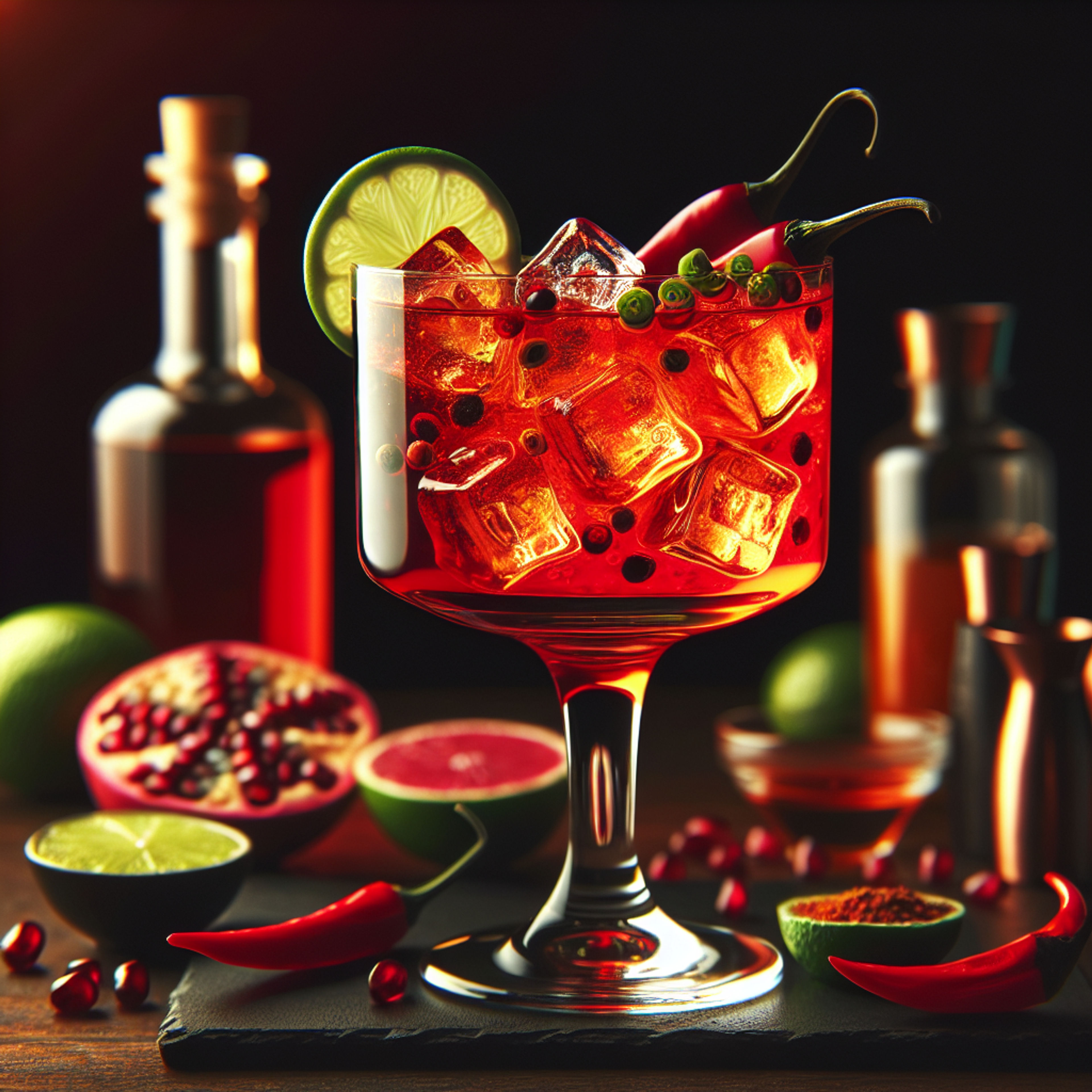 Flaming Ruby Elixir, Spicy cocktail with chili-infused tequila and ...