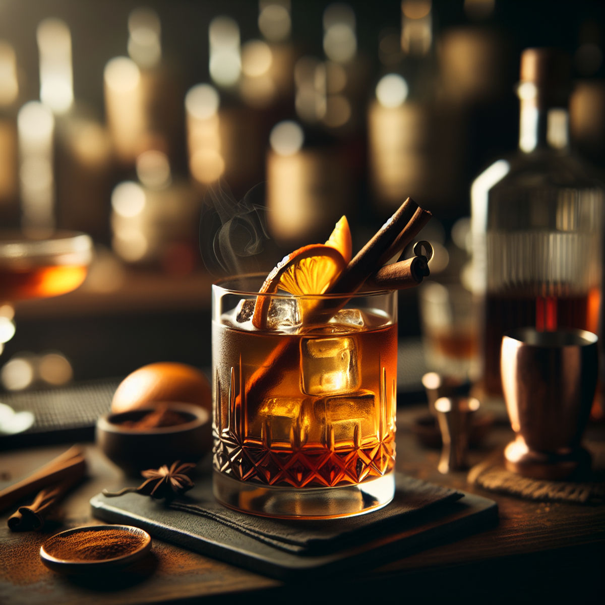 Golden Ember Twilight, Complex sweet whiskey cocktail with smoky and ...