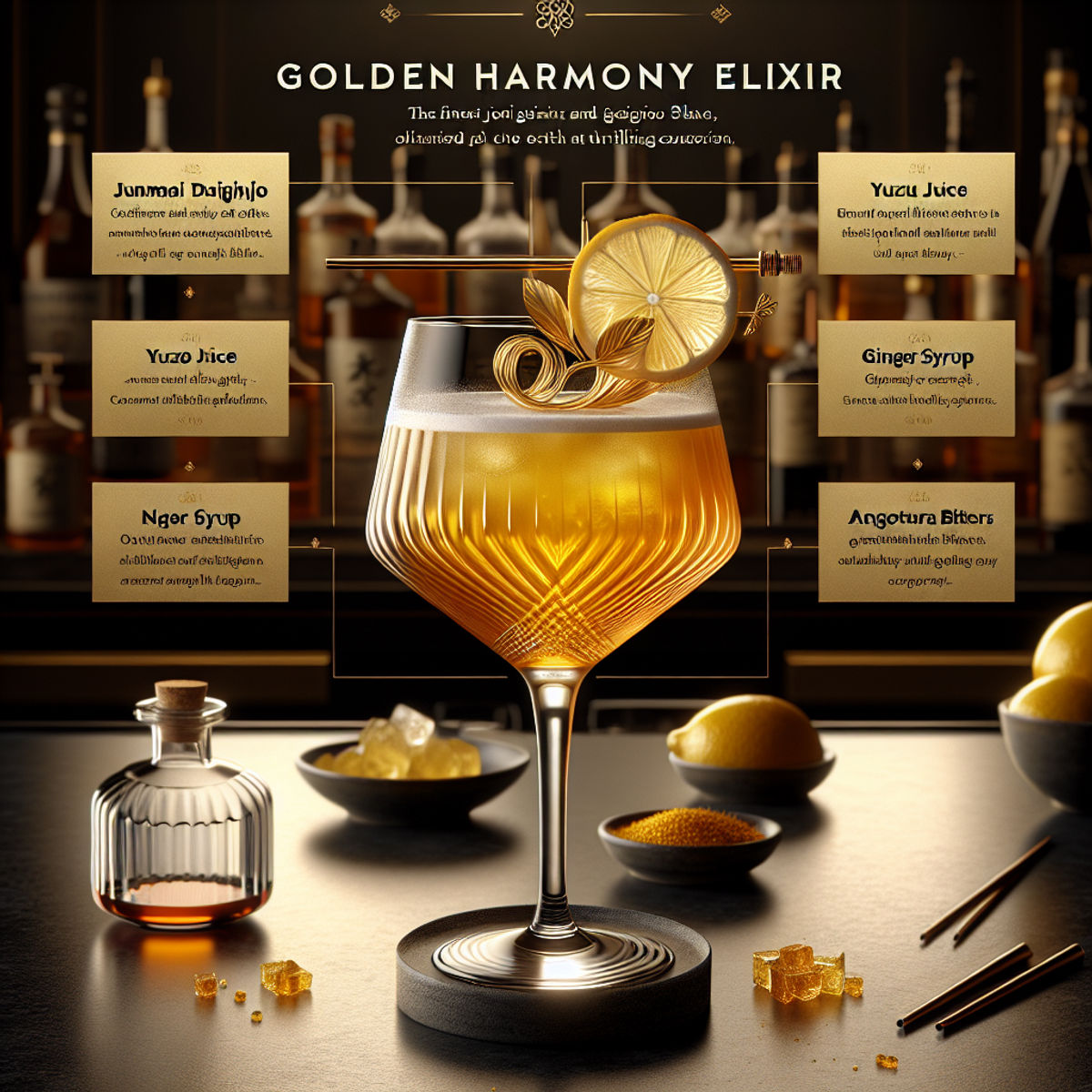 Golden Harmony Elixir, Sake and sherry cocktail with citrus and ginger ...