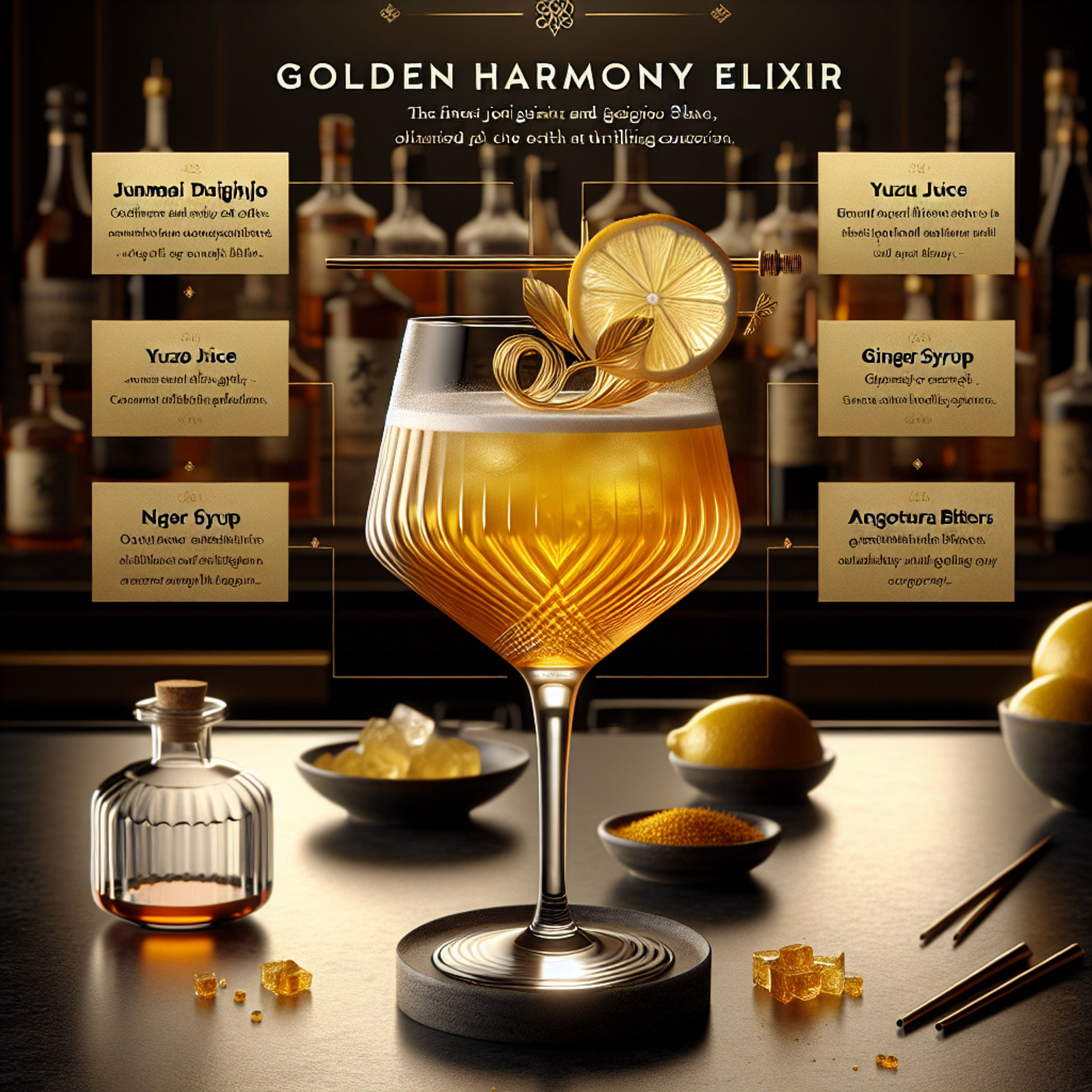 Golden Harmony Elixir, Sake and sherry cocktail with citrus and ginger ...