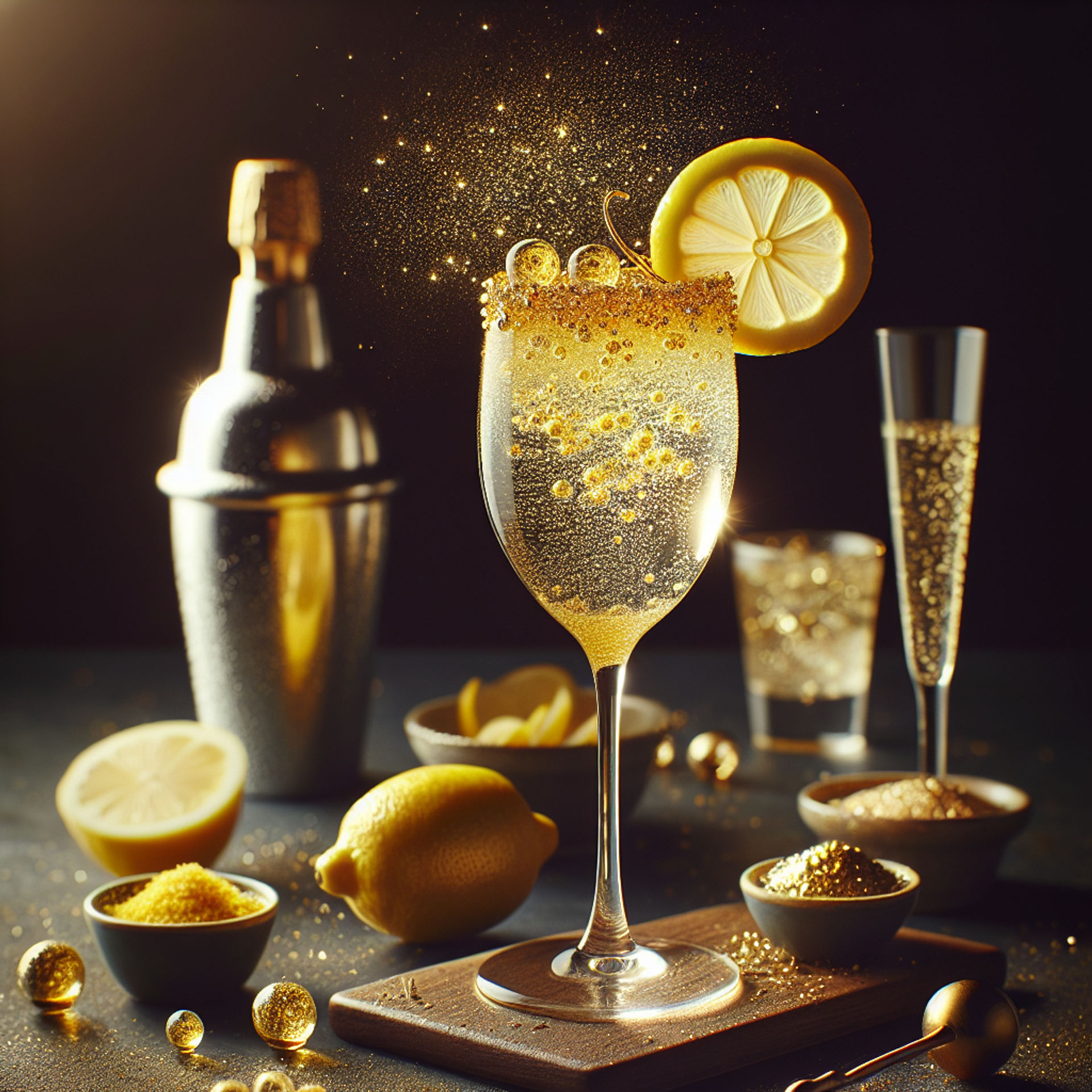 Golden Sparkle Fizz, Luxurious sparkling lemonade with edible gold flakes