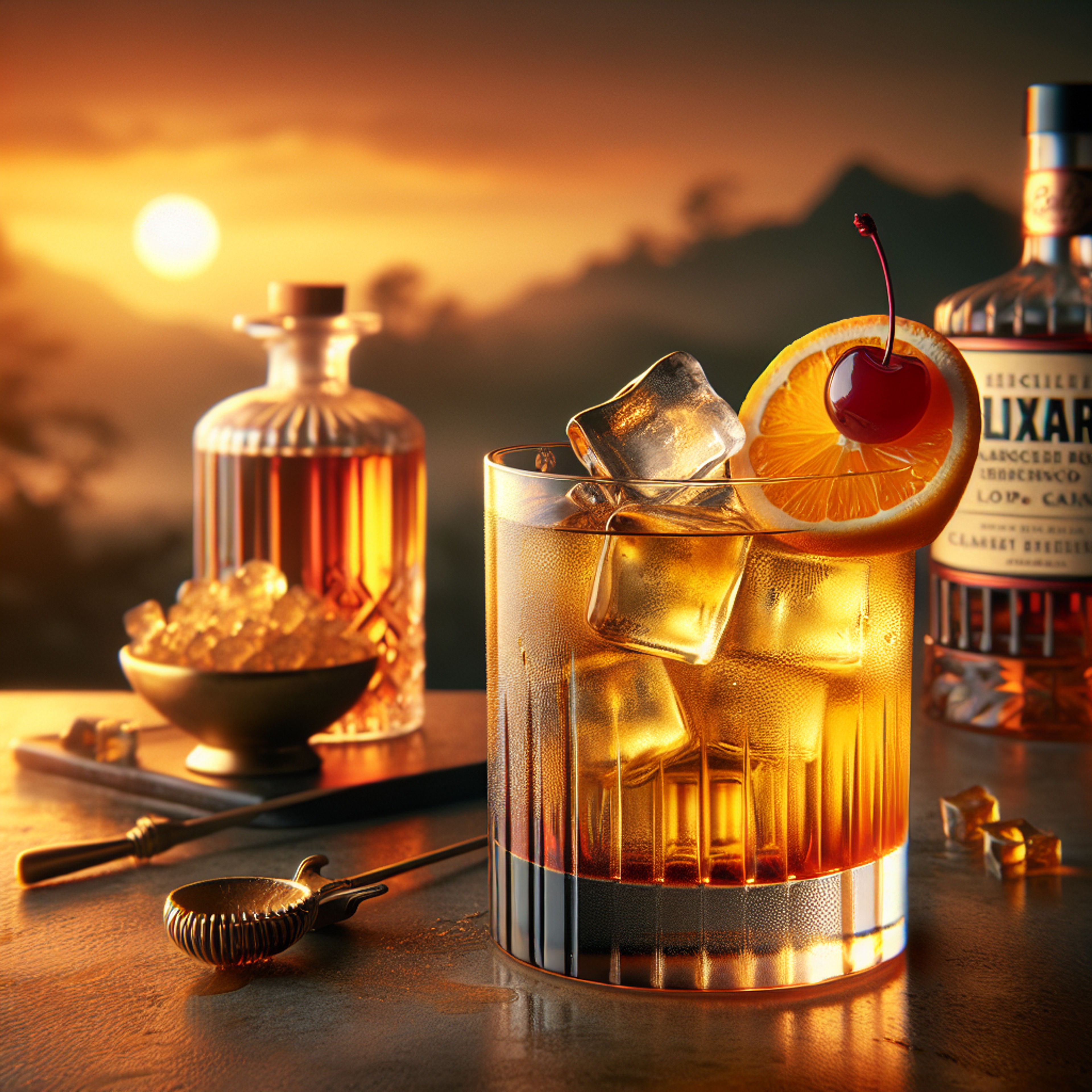 Golden Sunset Serenity, Bourbon cocktail with honey, citrus, and bitters