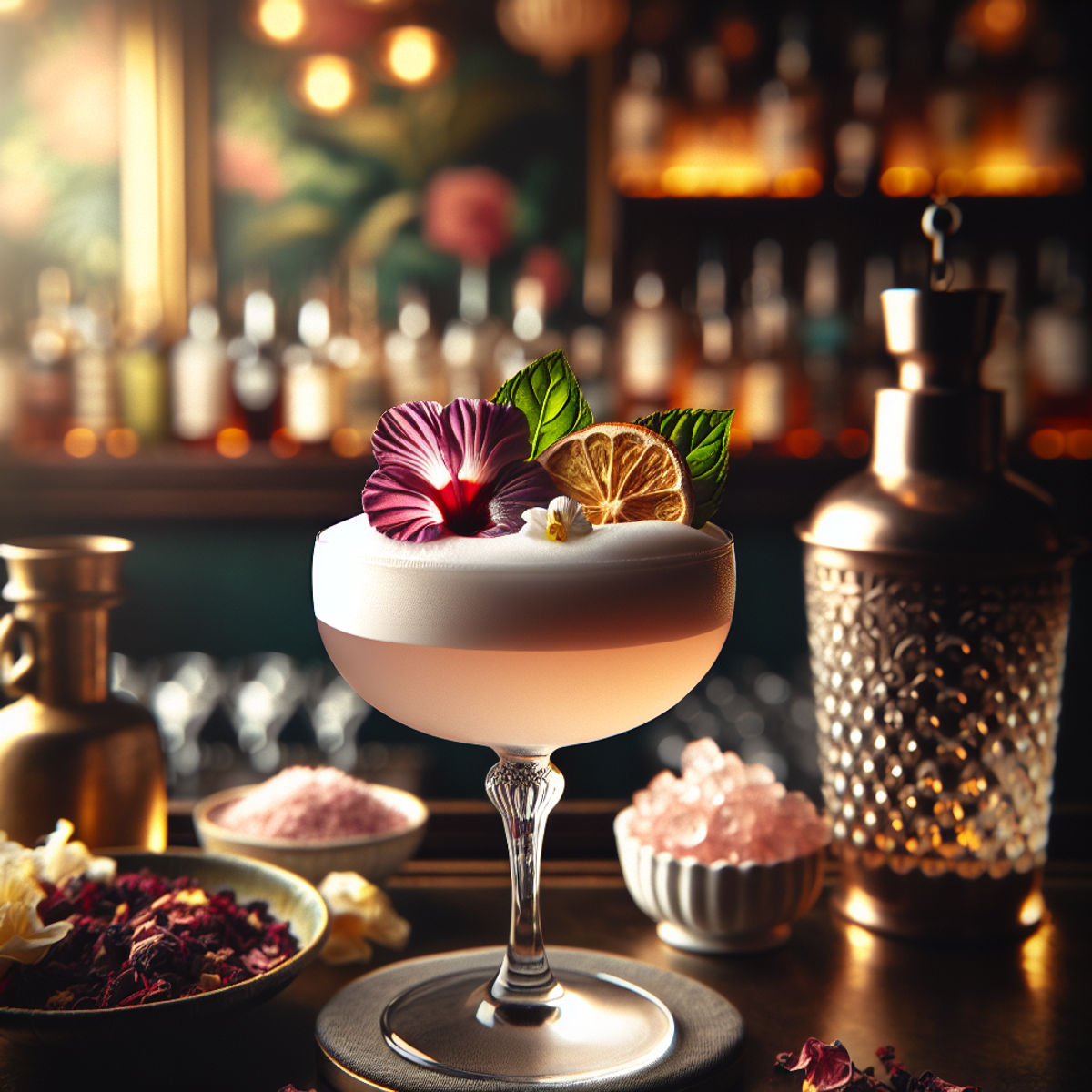 Hibiscus Honey Bloom, Floral, citrus, and rum cocktail with egg white foam