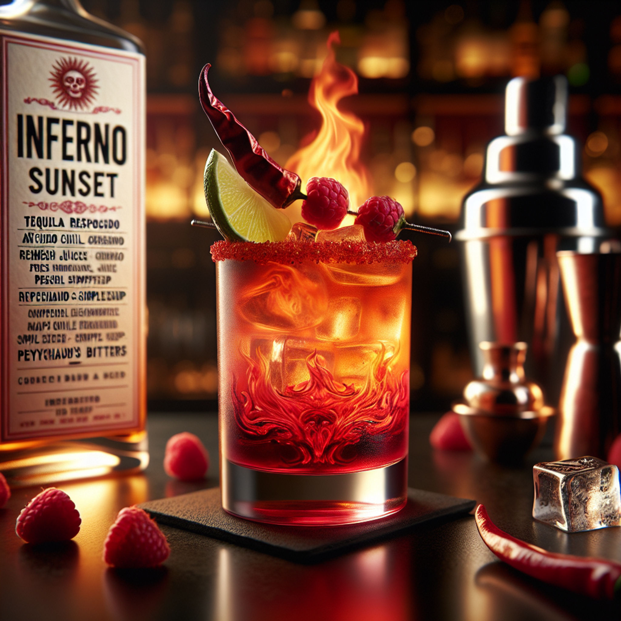 Inferno Sunset, Vibrant, fiery cocktail balancing heat and sweetness