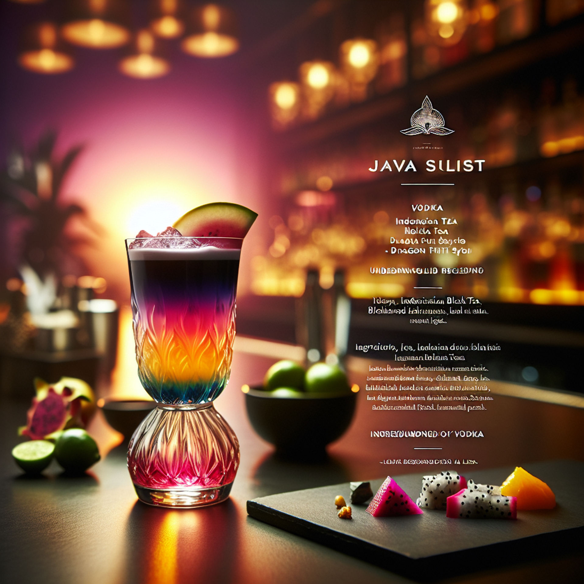 Java Sunset Bliss, Indonesian cocktail blending tea, fruits, and vodka