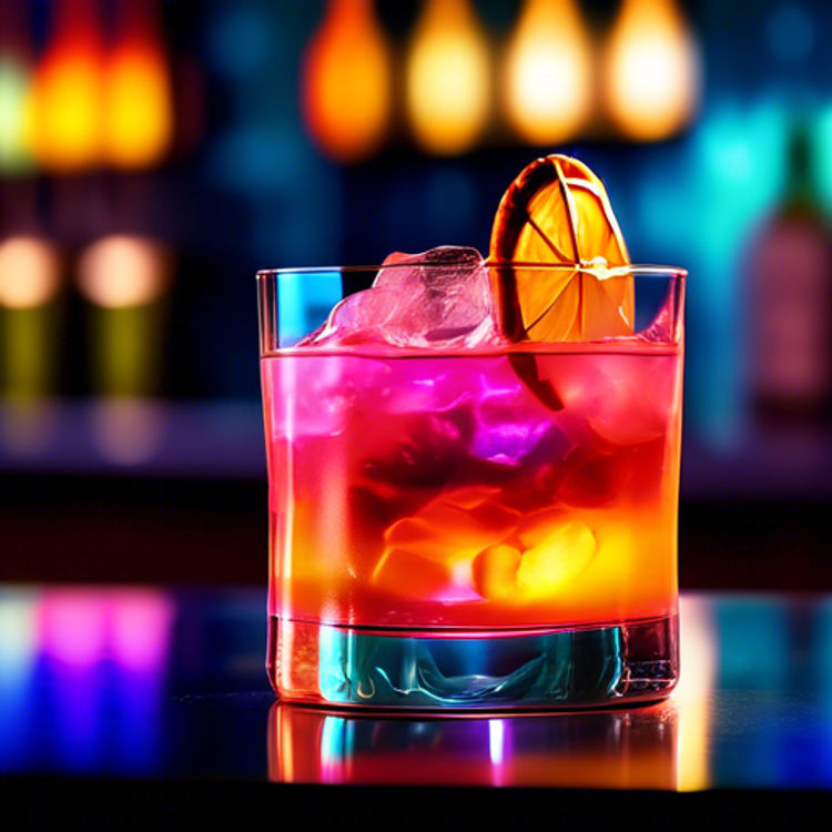Luminous Sunset Splash, Vibrant tropical cocktail with glowing layers ...