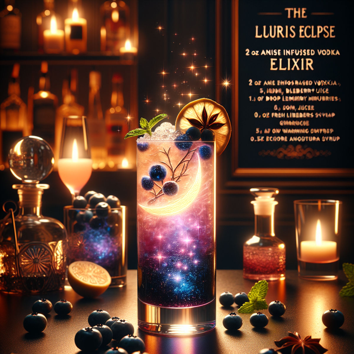 Lunar Eclipse Elixir, Mystical cocktail with star anise, blueberries, and ginger