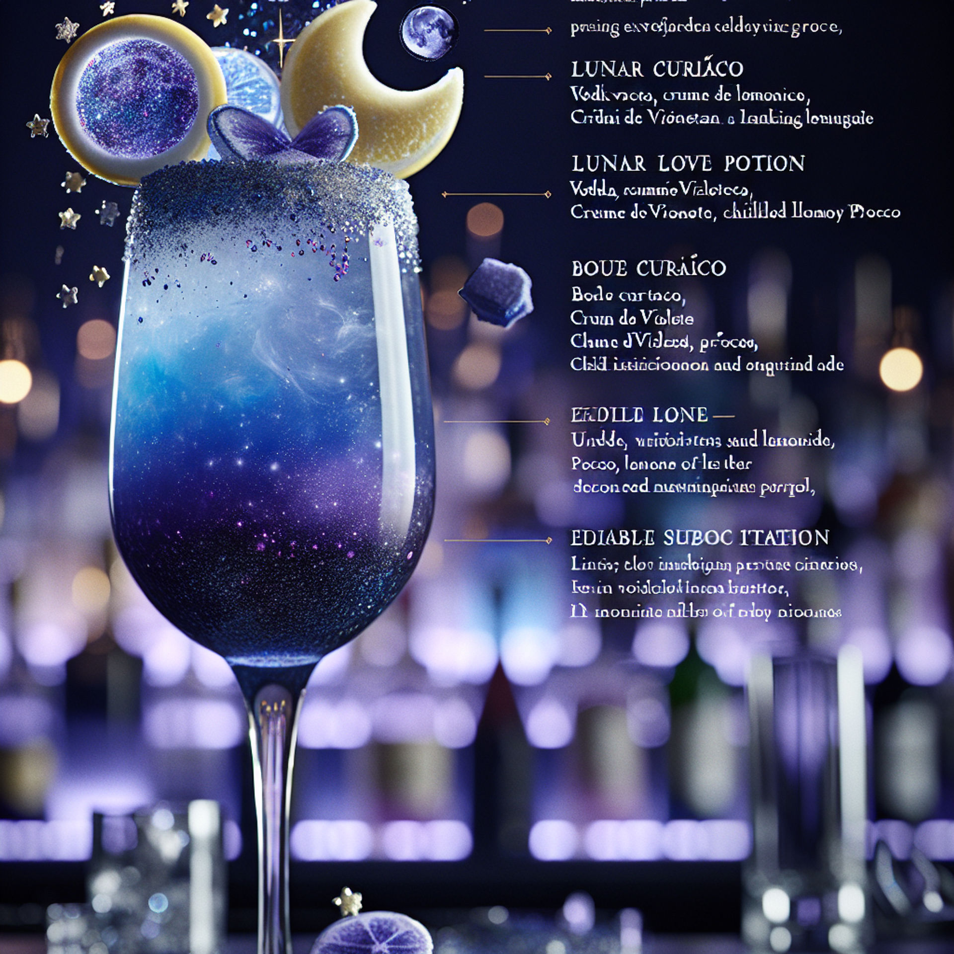 Lunar Love Potion, Whimsical moon-themed cocktail with enchanting sparkle
