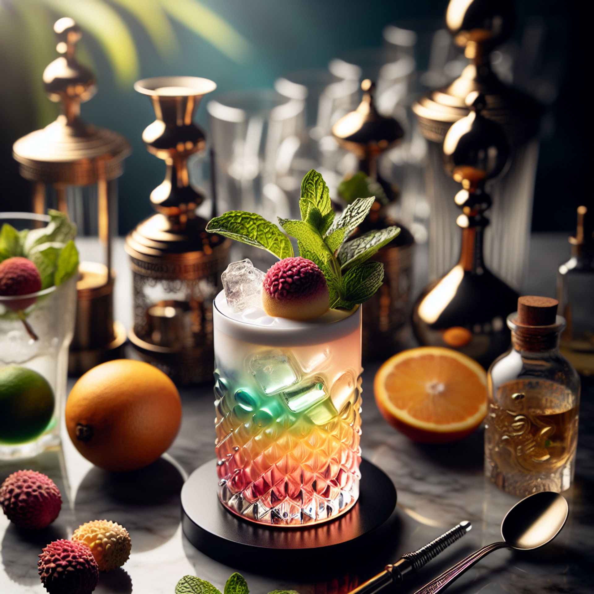 Lychee Lagoon, Exotic lychee cocktail with rum, citrus, and mint
