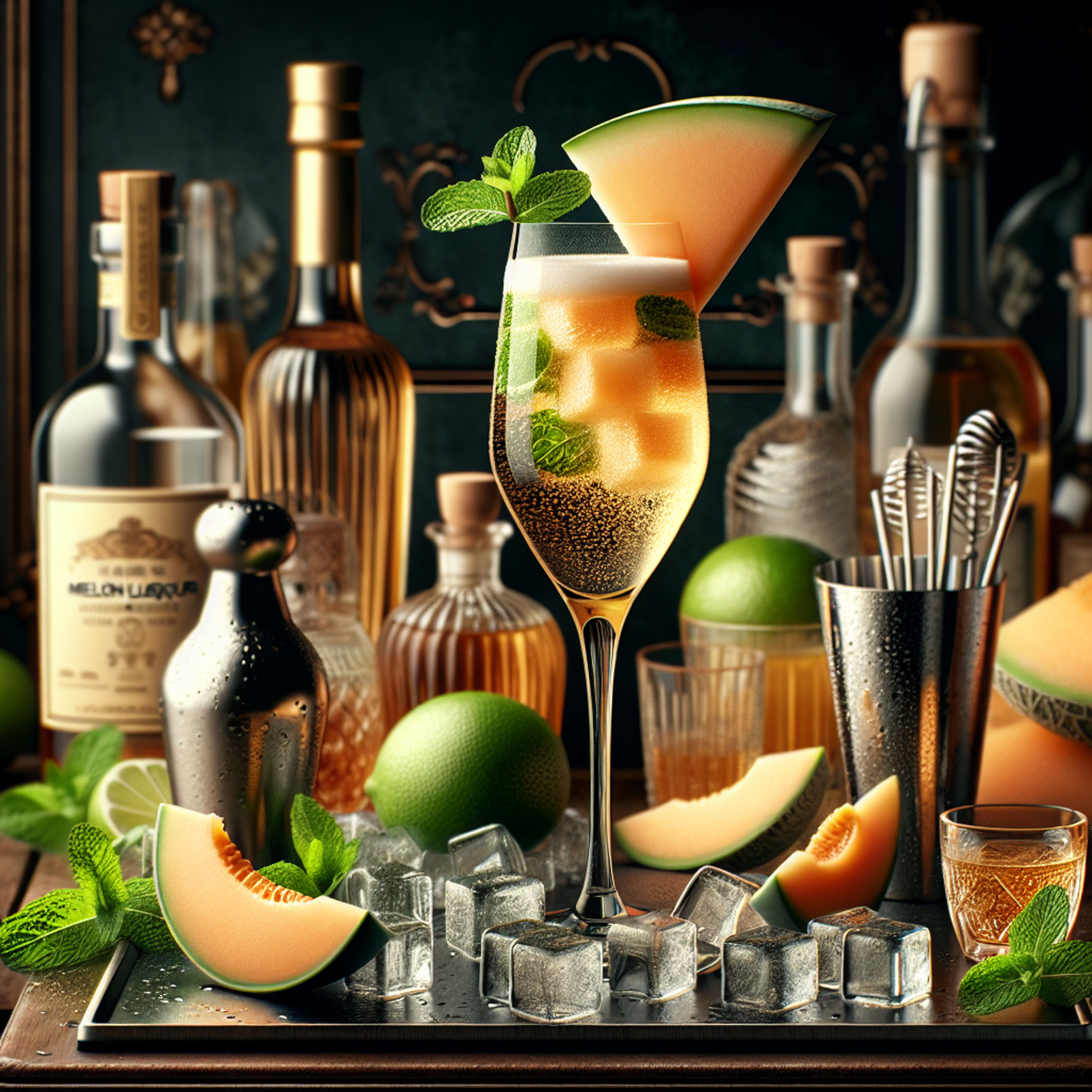 Melon Sparkle Fiesta, Vibrant melon liqueur cocktail with sparkling wine
