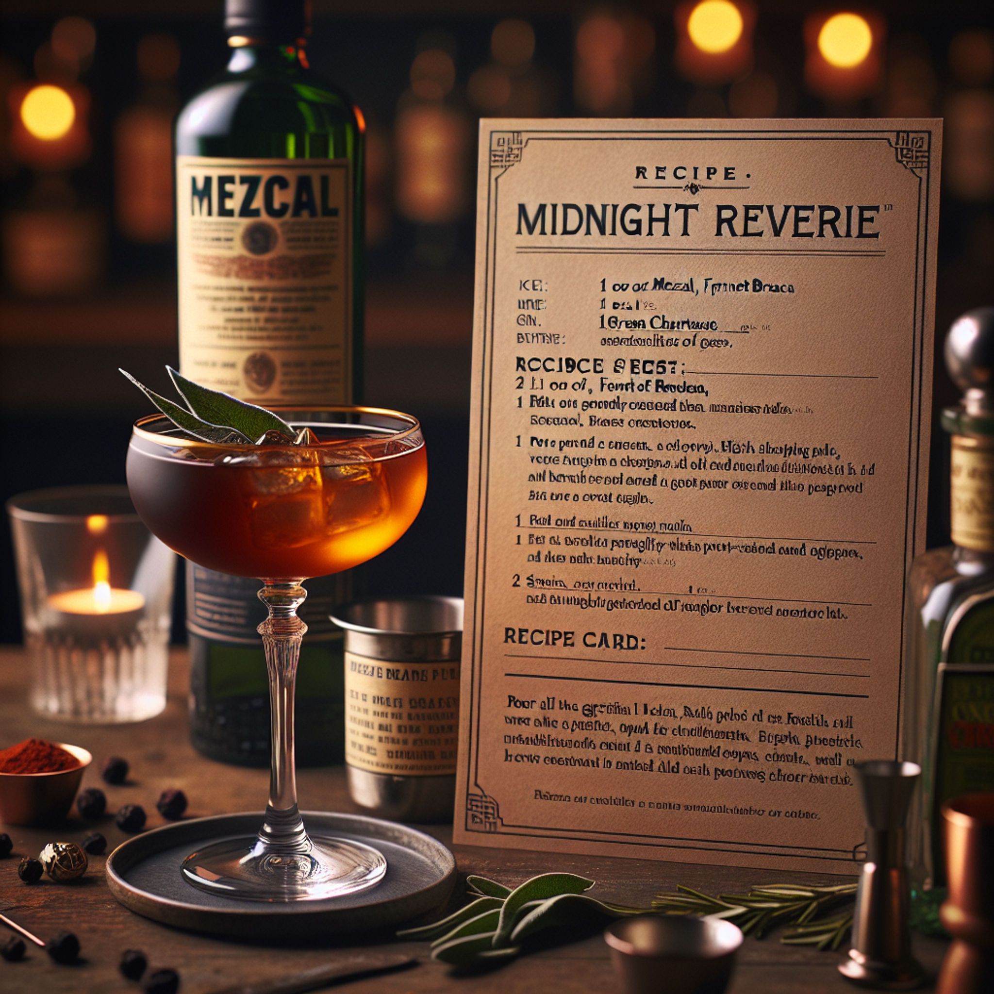 Midnight Reverie, Bold, mysterious cocktail with smoky, herbal complexity
