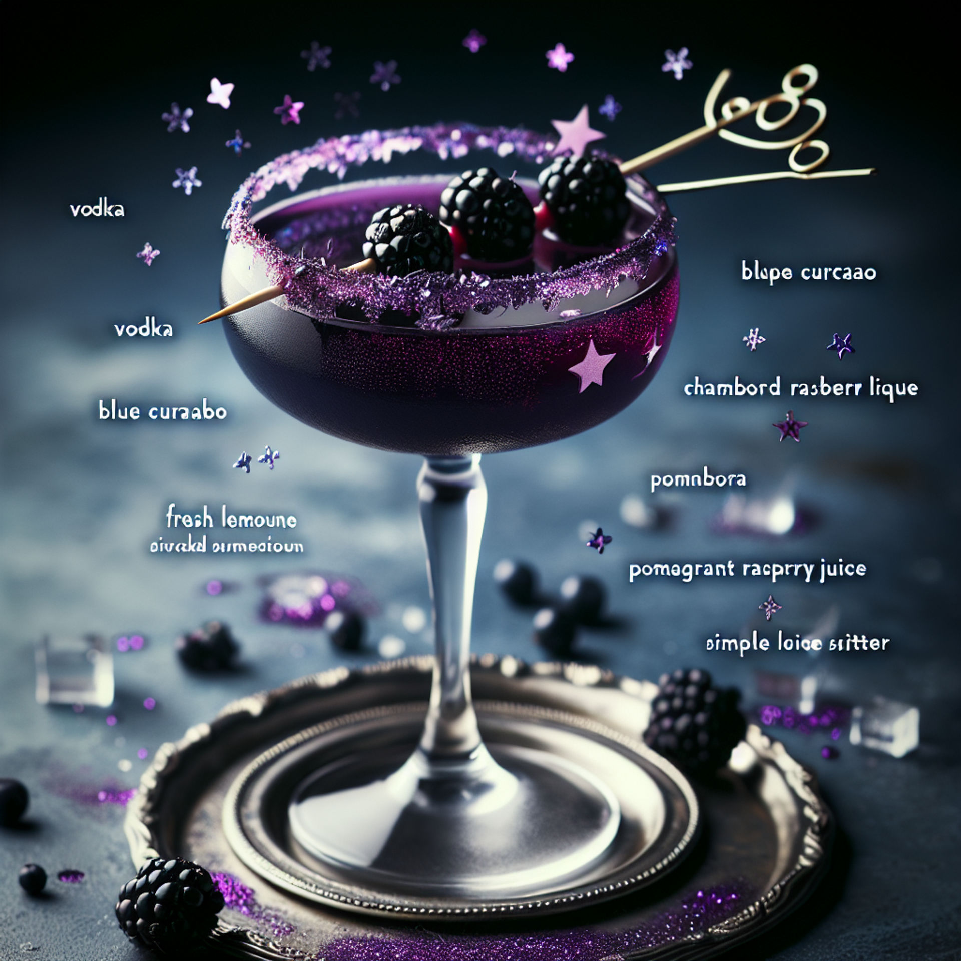 Midnight Whisper, Captivating emo-themed cocktail with deep purple hue