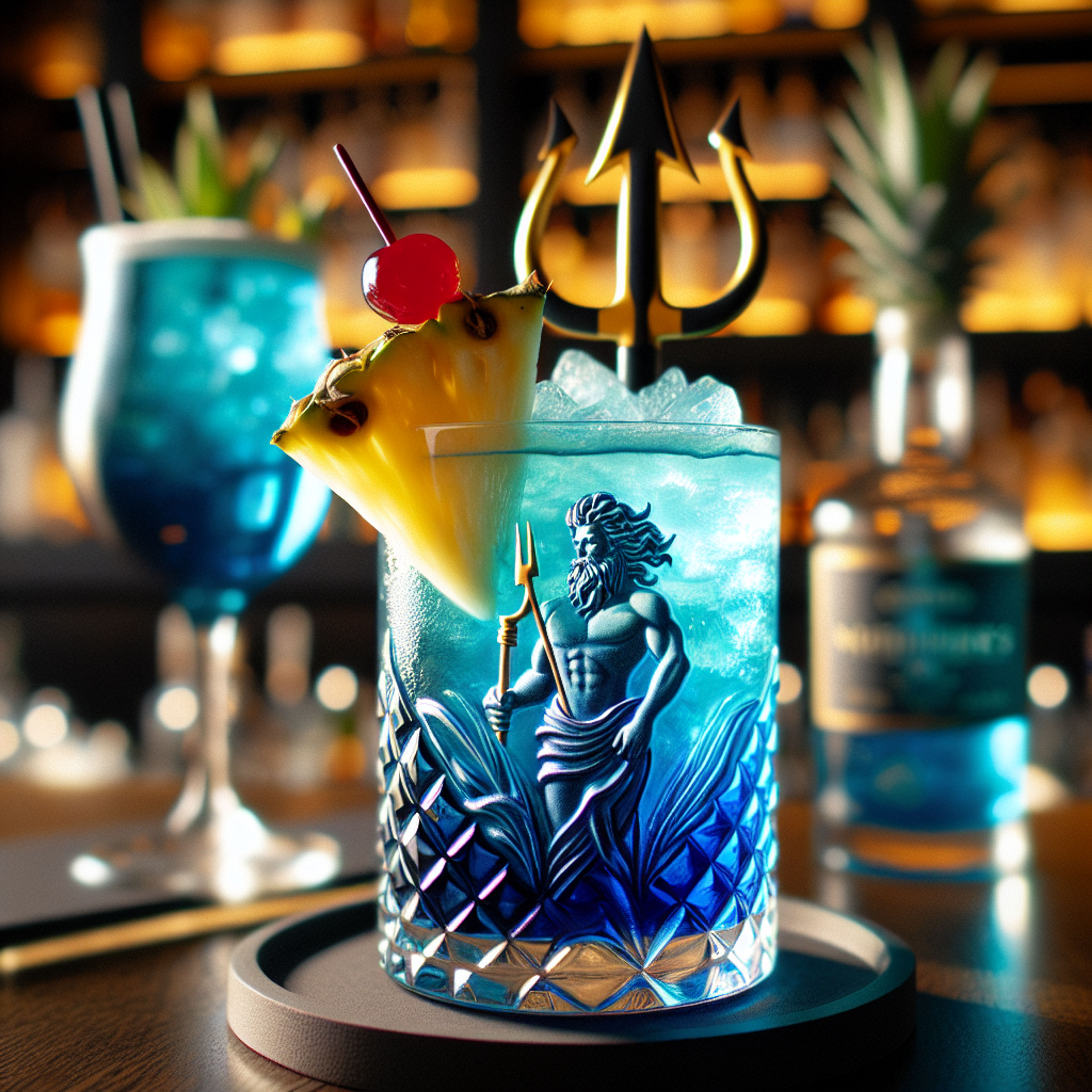 Neptune’s Trident, A vibrant blue cocktail with tropical flavors