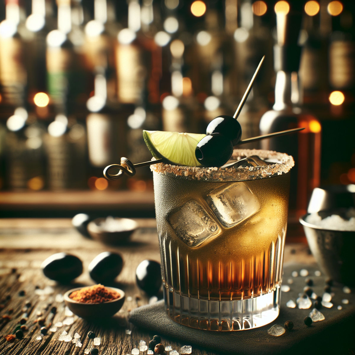 Olive Mirage, Smoky, savory cocktail with Mezcal, black olives, and spice