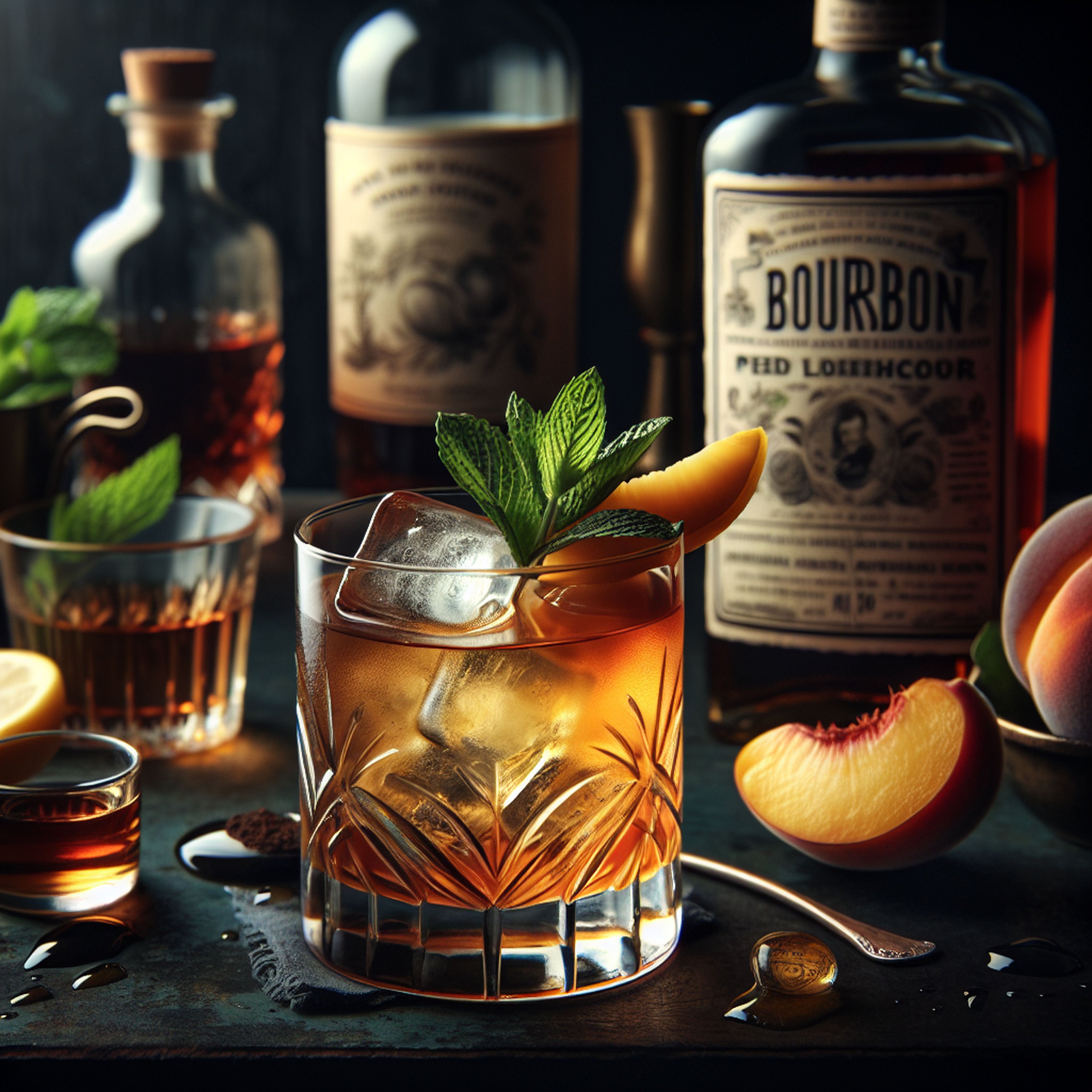 Peach Bourbon Elixir, Bourbon peach cocktail with citrus and bitters