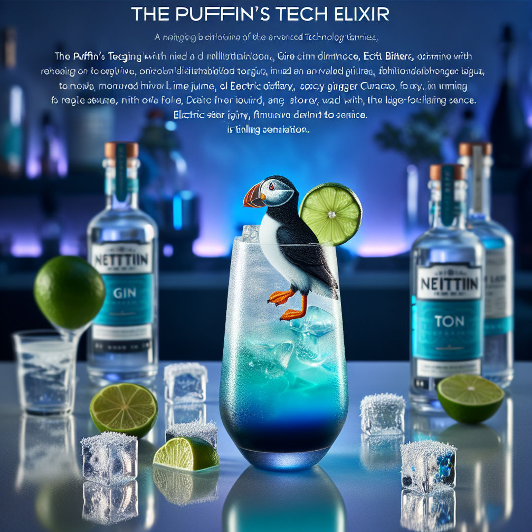 Puffin's Tech Elixir, Bold, refreshing cocktail embodying Qastan's innovative spirit