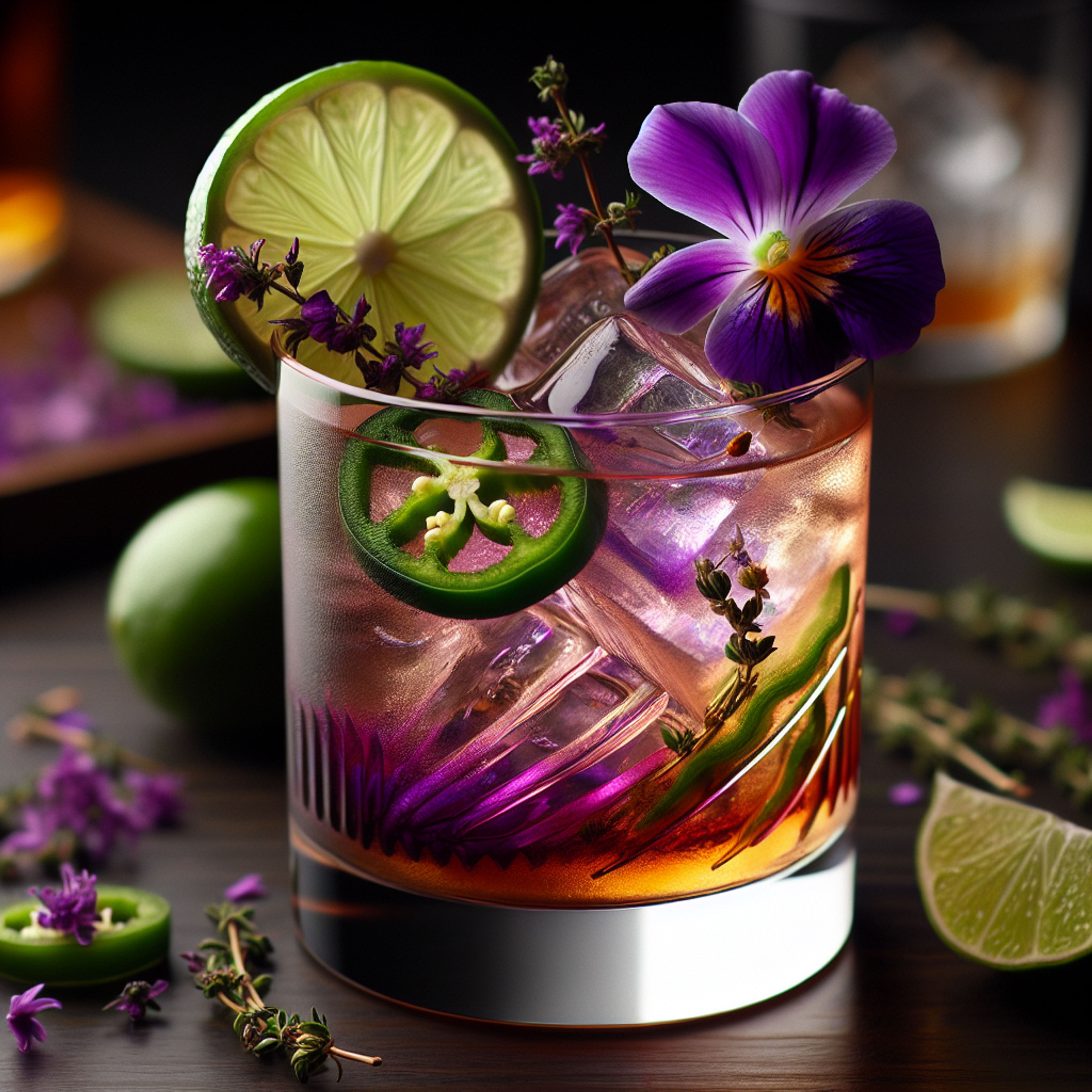 Purple Zen Garden, Bold, spicy, balanced cocktail with cognac and heat