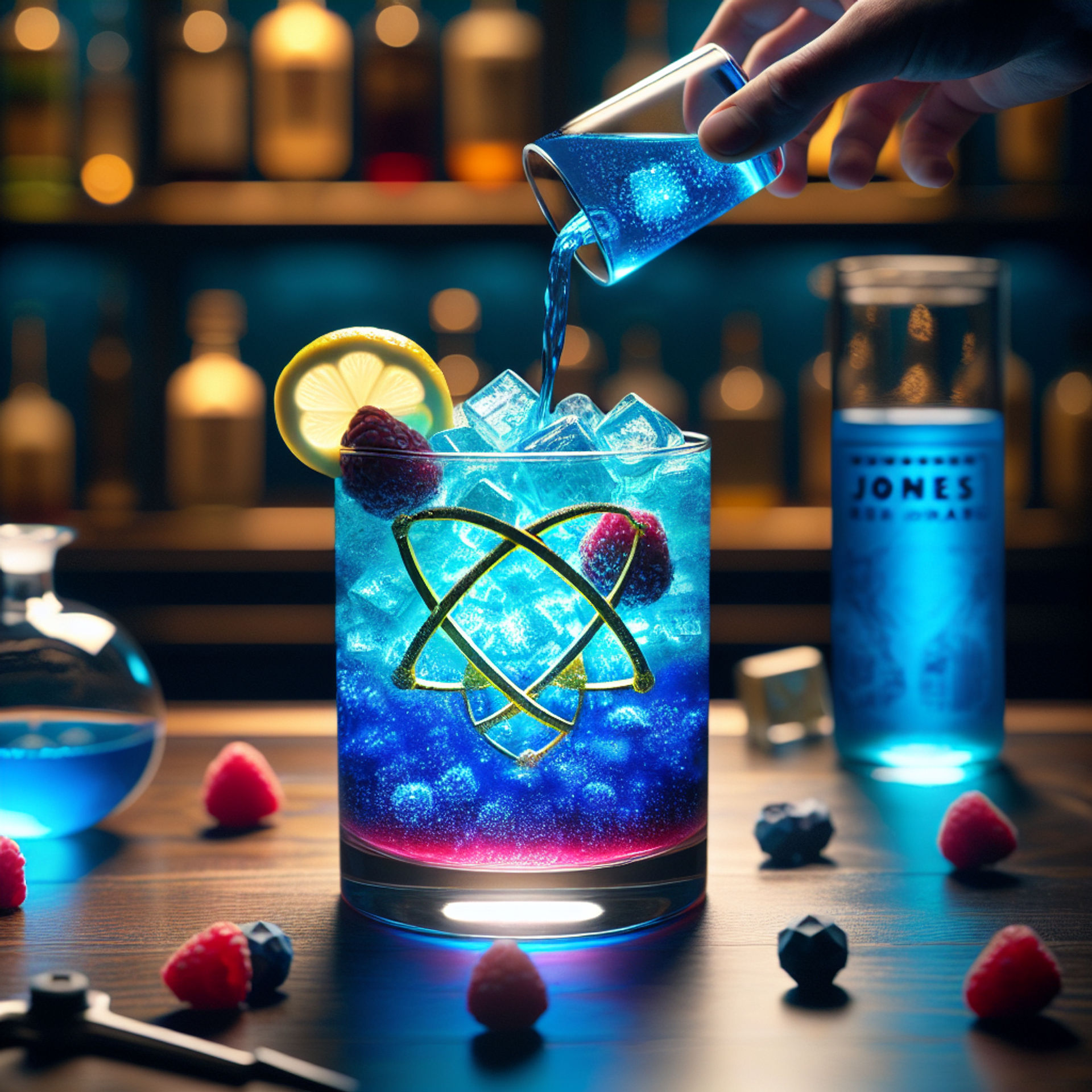Quantum, Vivid blue raspberry cocktail with a sparkling twist