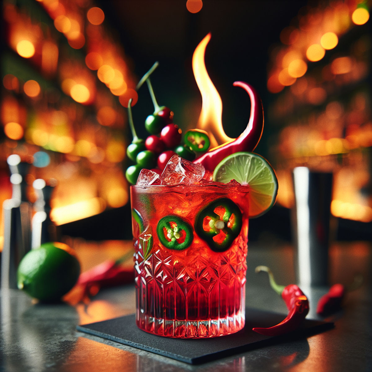 Scarlet Flame, Vibrant cocktail with spicy heat and citrus splash