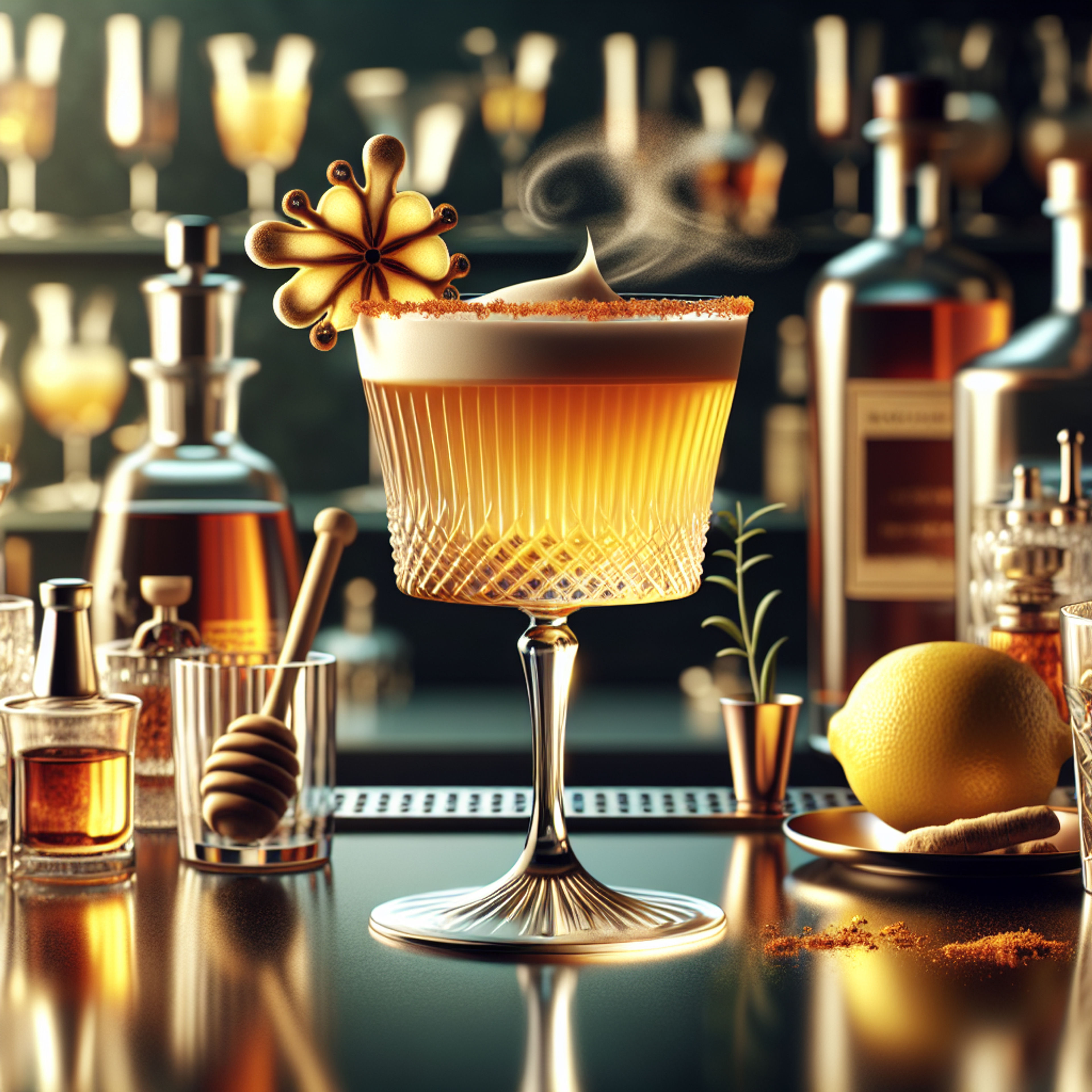 Smokey Honey Ginger Sour, Nuanced twist on classic whiskey sour cocktail