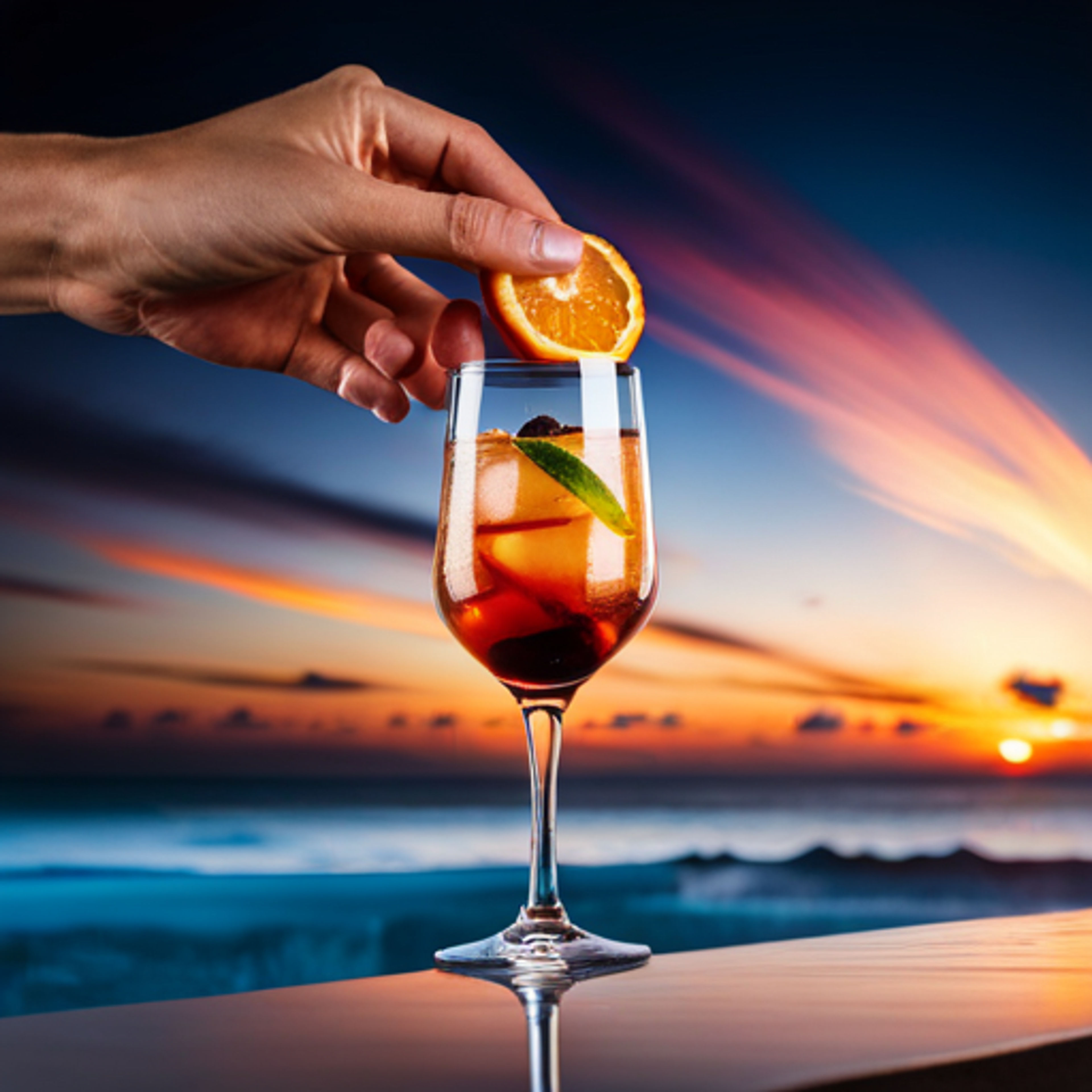 Smoky Sunset Mirage, Radiant blend of smoky mezcal and earthy blood orange