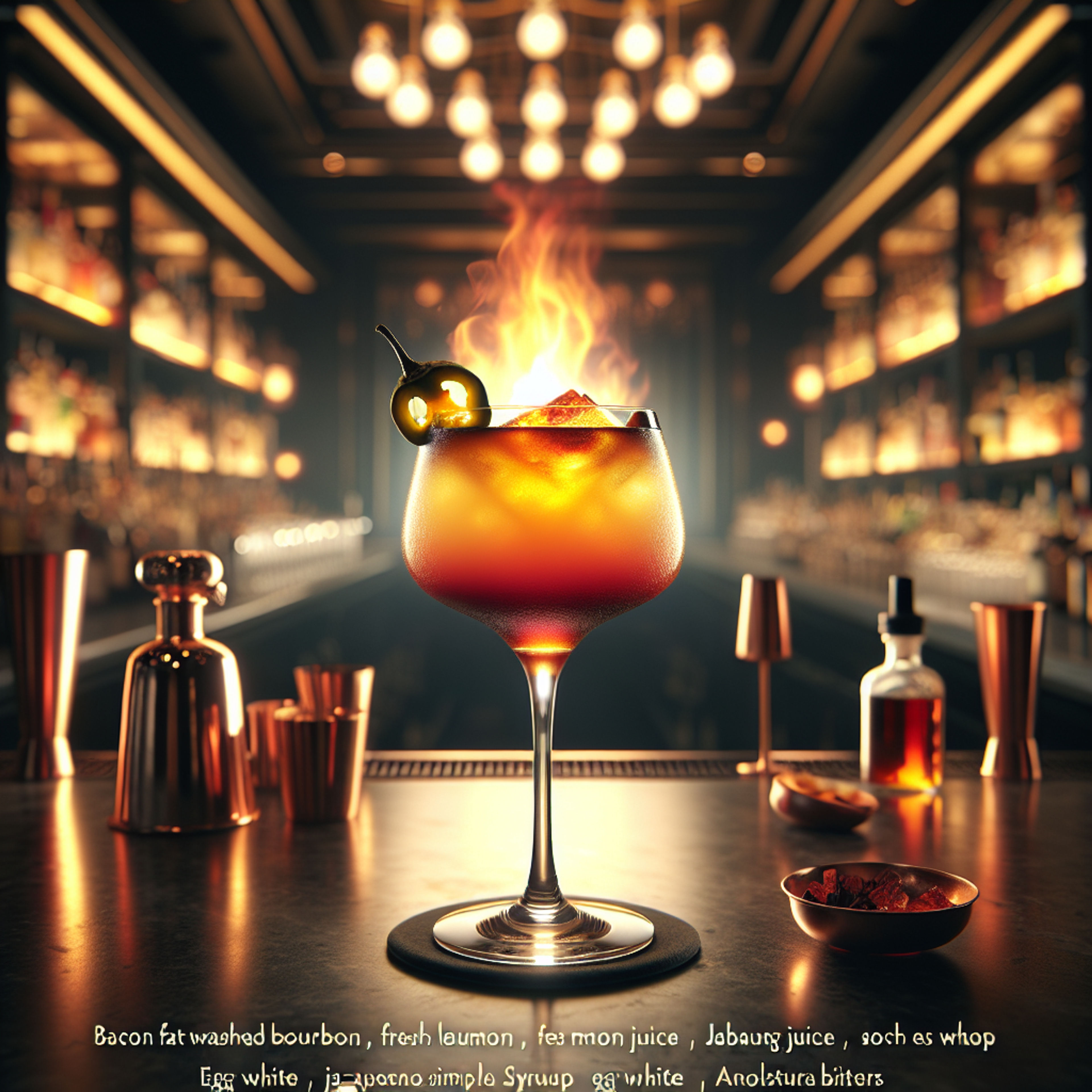 Solar Flare Sour, Bacon-infused whiskey cocktail with jalapeño syrup