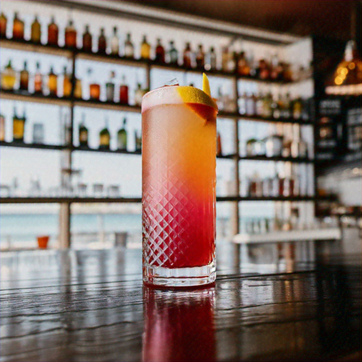 Sunset Blush, Vibrant pink cocktail with floral and fruity notes