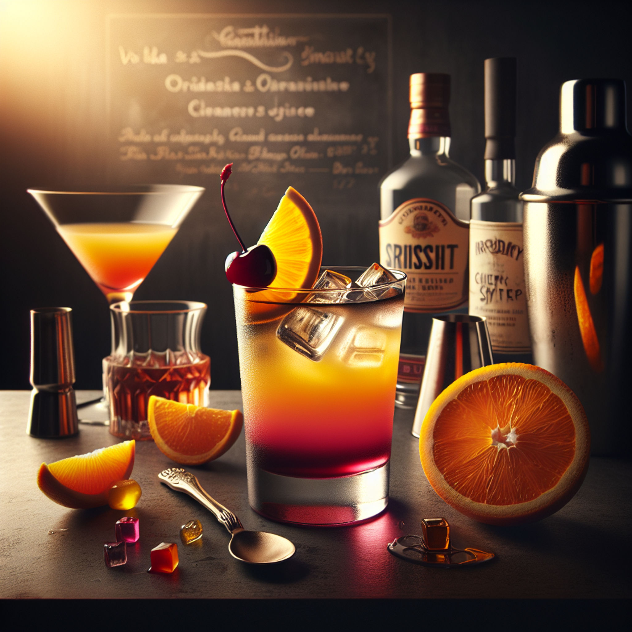Sunset Fusion, Vibrant cocktail balancing vodka, whisky, orange juice ...